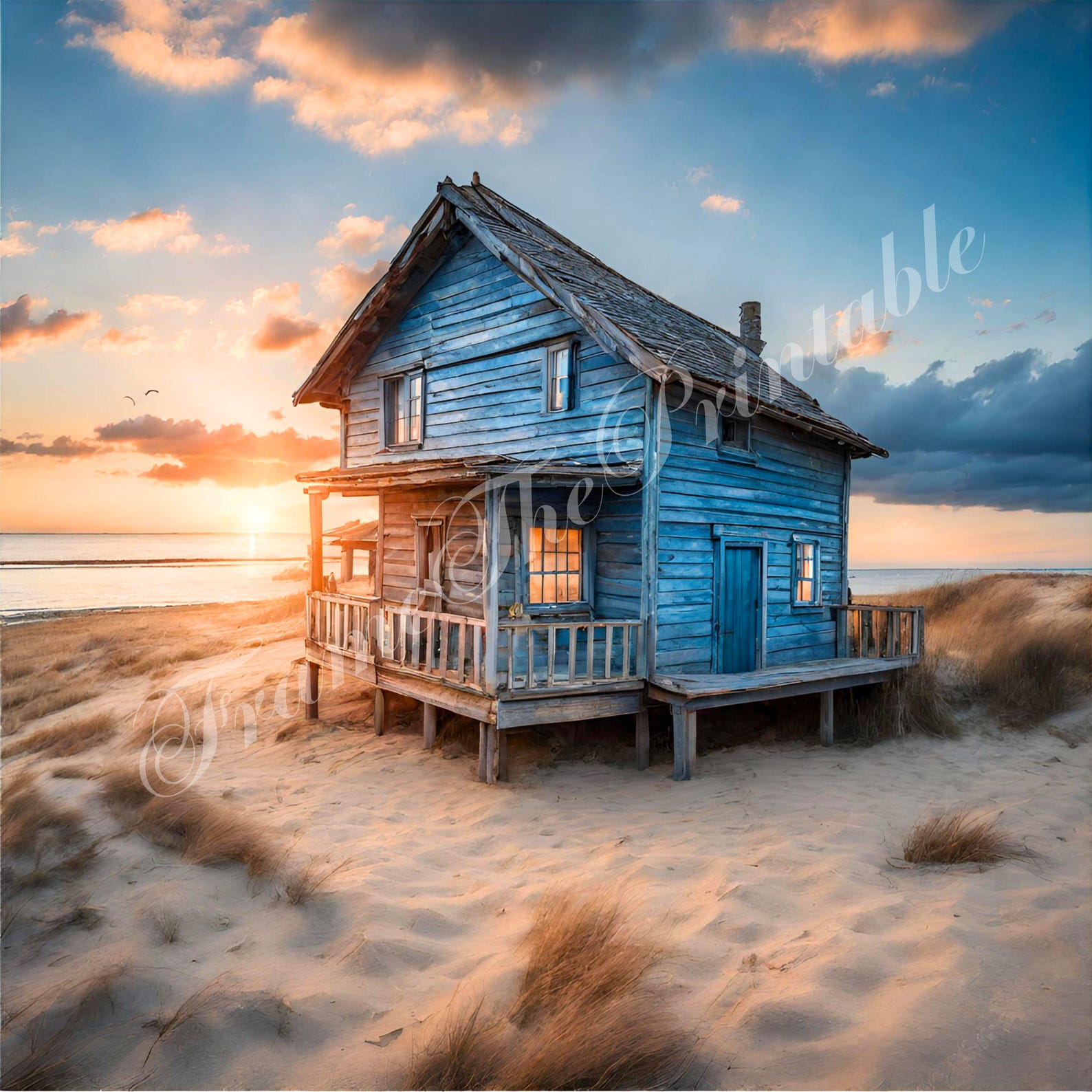 Seaside and Old Cottage Landscape Clipart, Ocean Beach Scene High ...