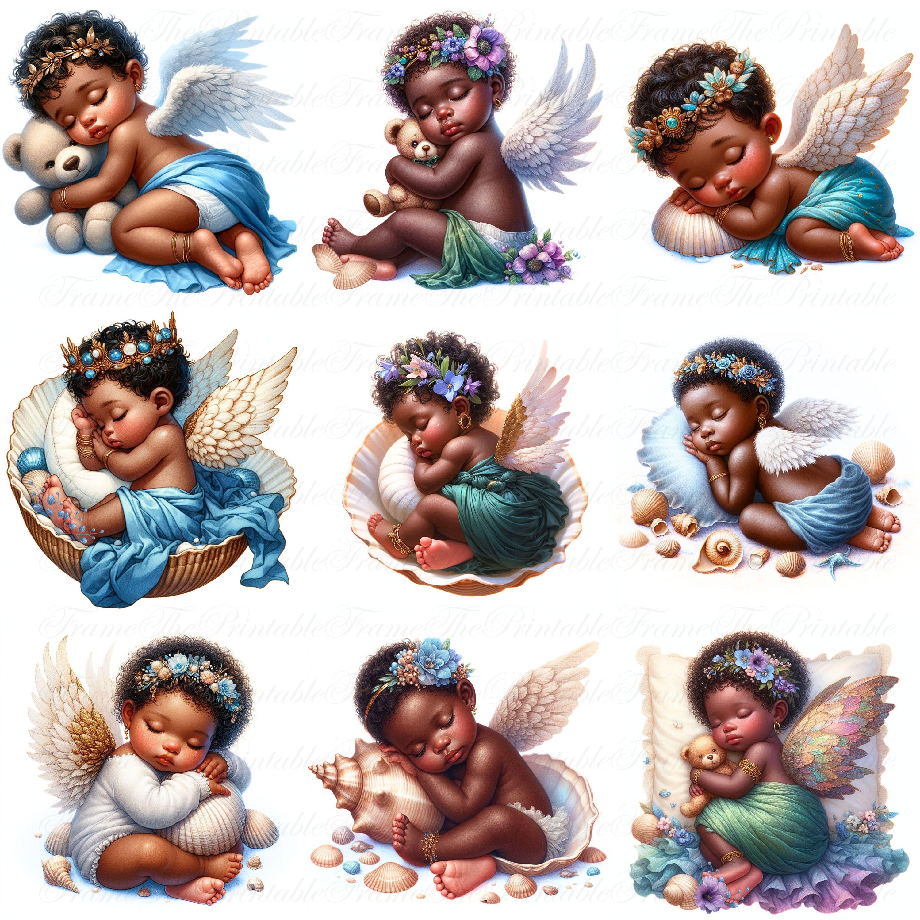 African American Angel Baby Clipart: Sleeping Cherub PNG (digital ...