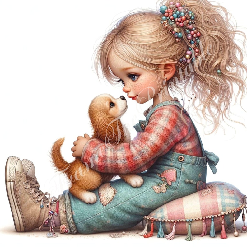 10 Cute Girl With Puppy Clipart, Whimsical Girl With Dog JPG Images ...