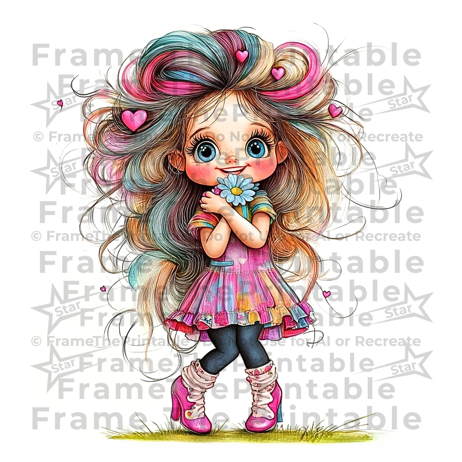 Watercolor Girl Clipart Multicolor, Flowers and Hearts, Valentine ...