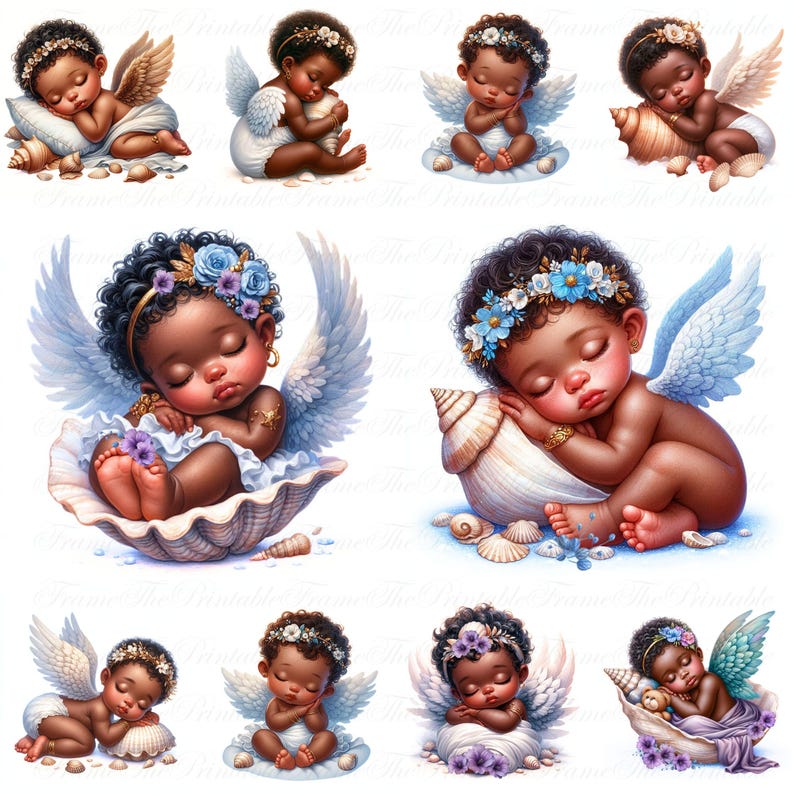 African American Angel Baby Clipart: Sleeping Cherub PNG (digital ...