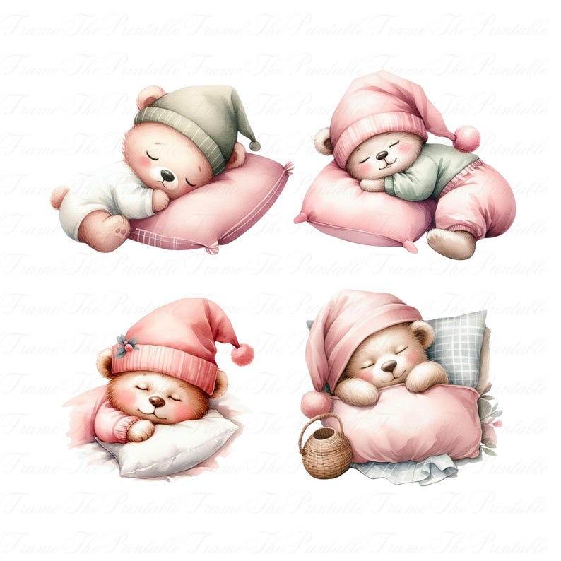 Sleeping Bear Clipart PNG Set Cute Baby Girl Teddy in Pink Pajamas ...