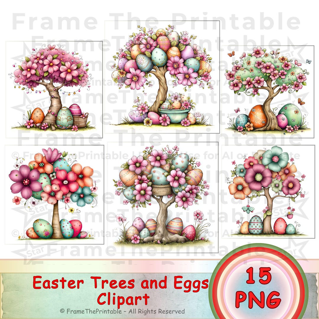 Easter Trees and Eggs Clipart, Watercolor Easter Tree PNG Set, Floral ...