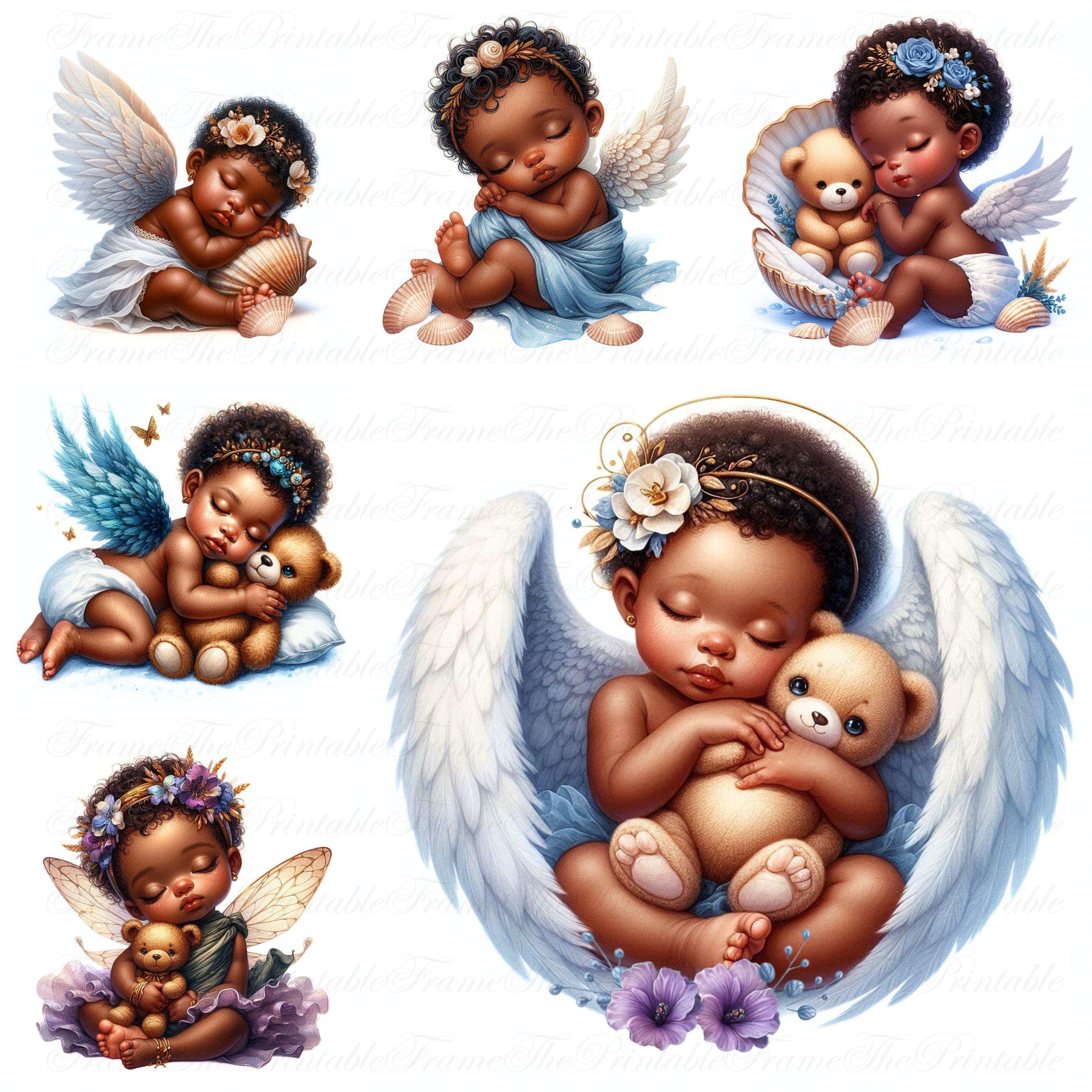 African American Angel Baby Clipart: Sleeping Cherub PNG (digital ...