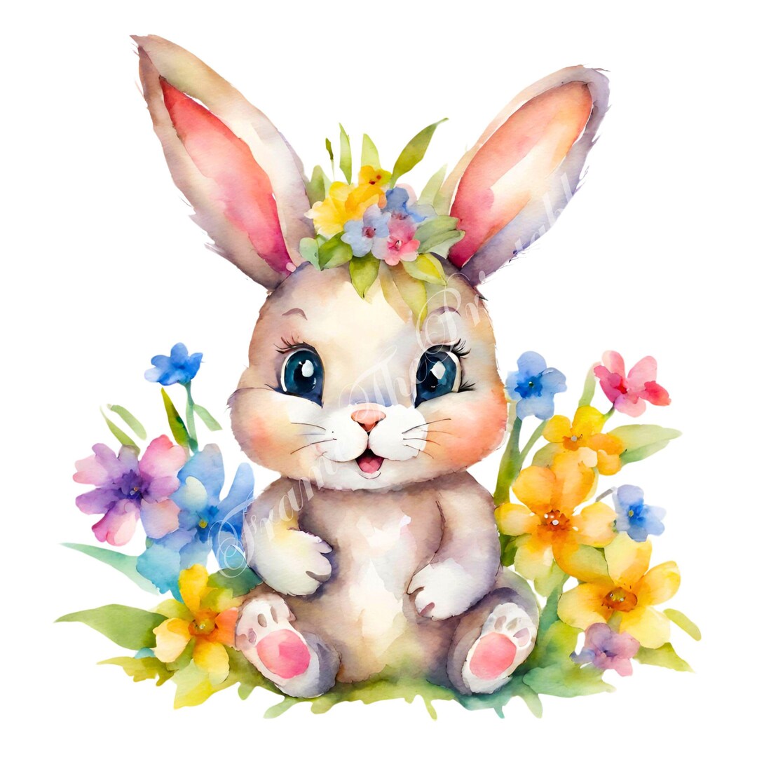 Easter Floral Bunny Clipart Whimsical Little Rabbit With Flower Bundle ...