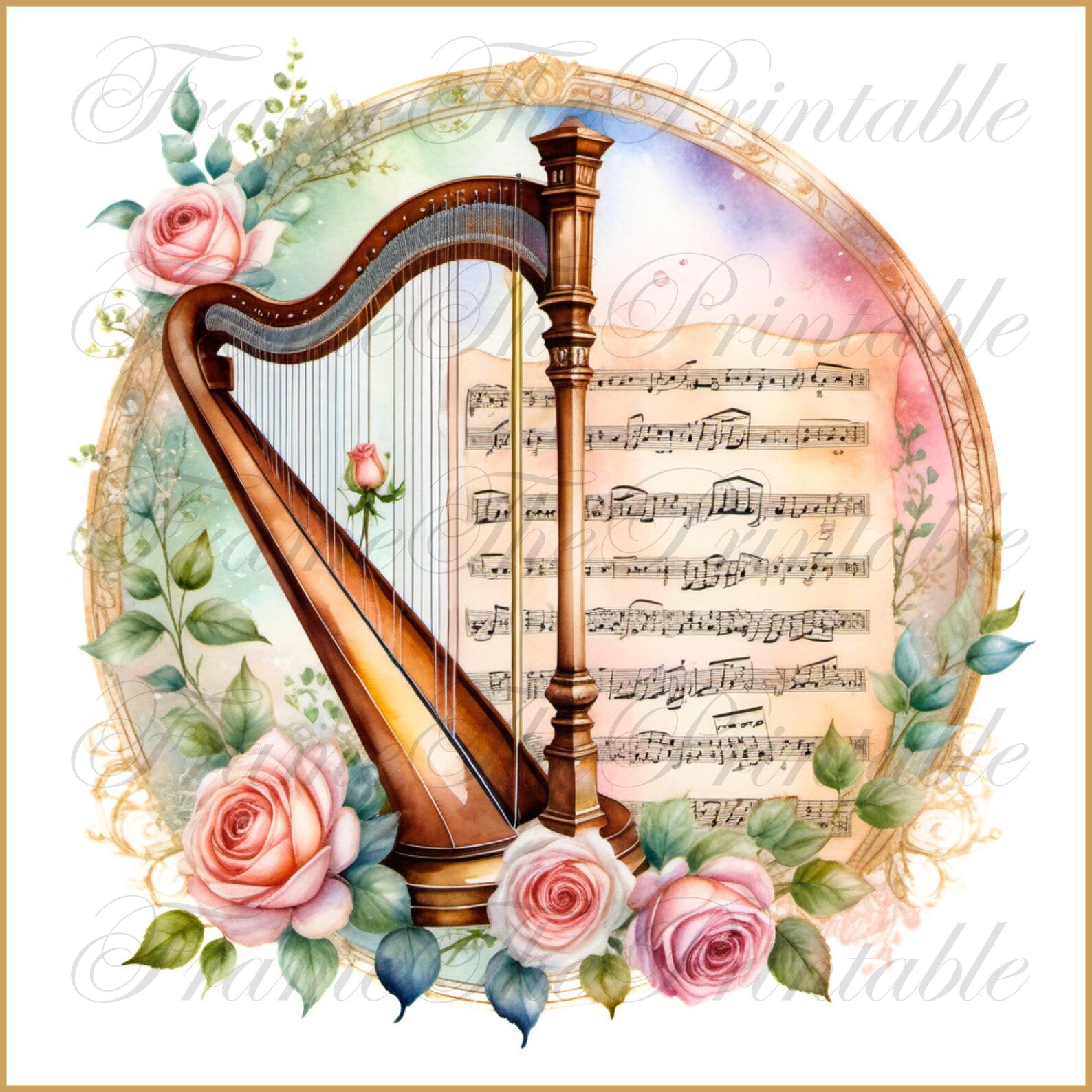 Vintage Floral Harp With Roses Clipart Printable Pictures Aesthetic ...