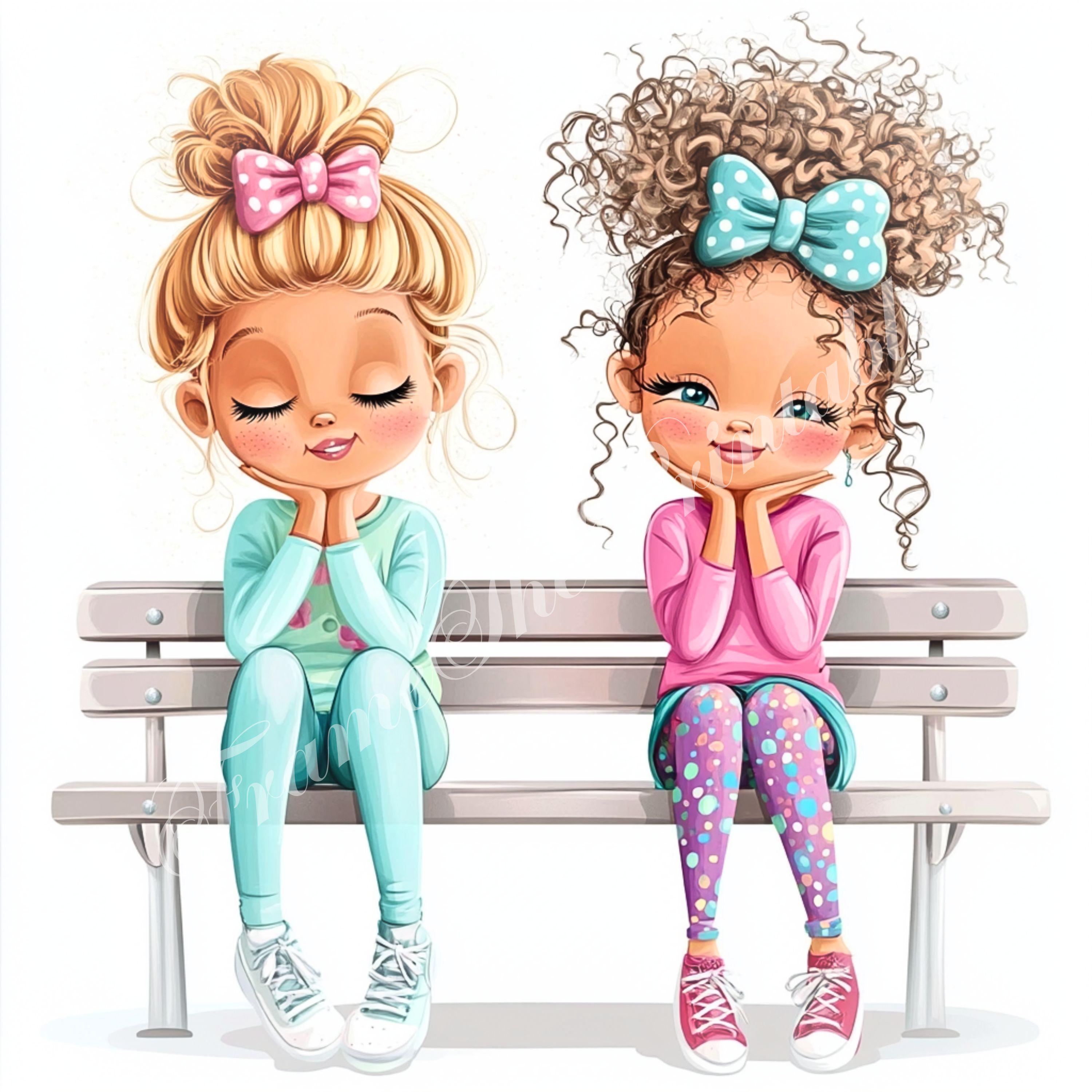 Quirky Girls Friends Clip Art High Res Watercolour Art 300 DPI Jpgs ...
