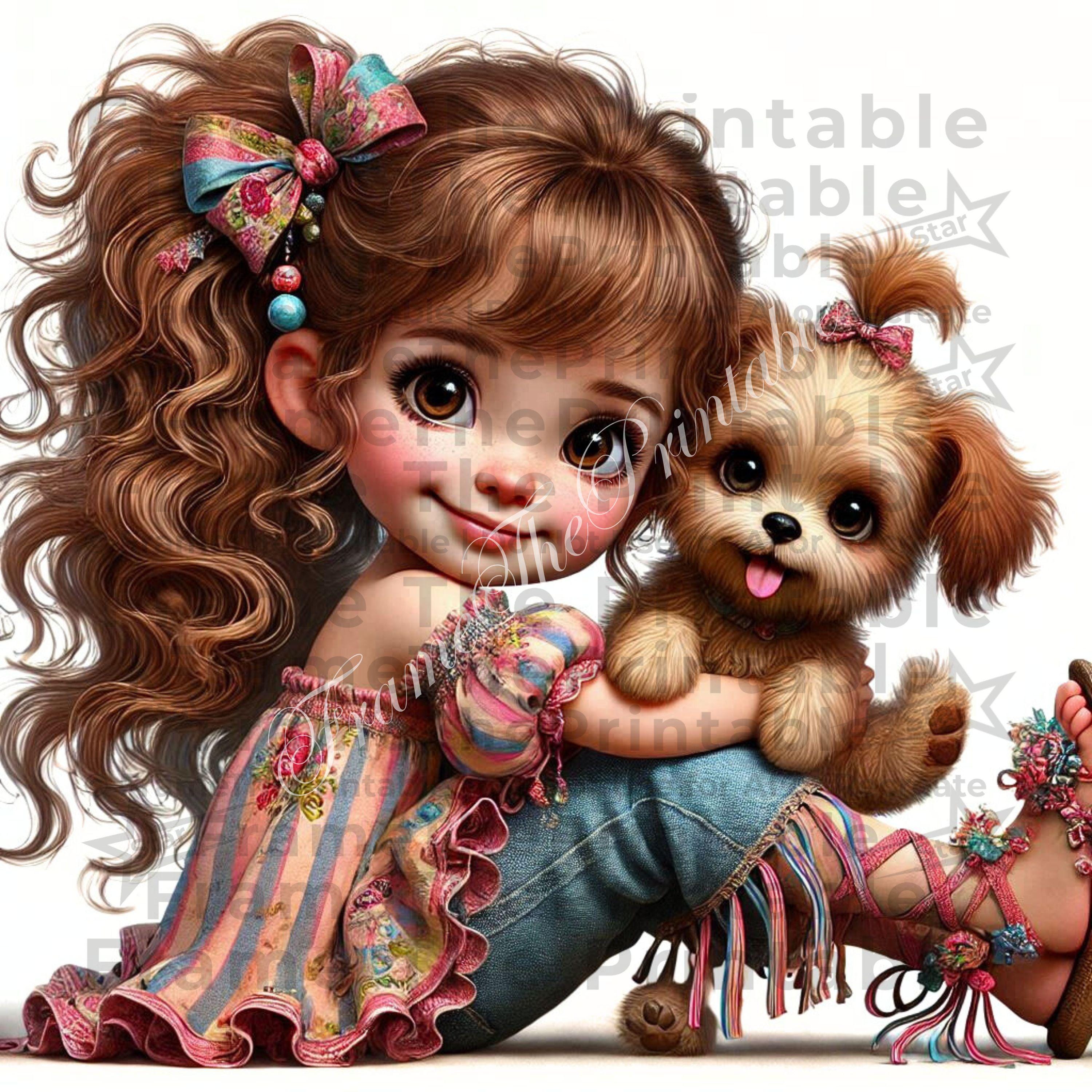Girl With Puppy Clipart Whimsical Cute Girl With Dog Bundle Watercolour ...