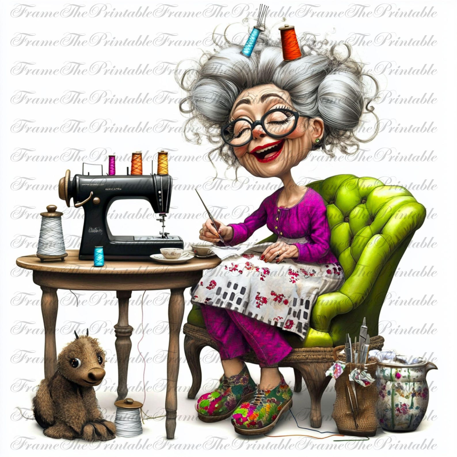 Quirky Seamstress Clipart, Funny Sewer Lady, Quirky Granny Sewing Illustration, Vintage Sewing ...