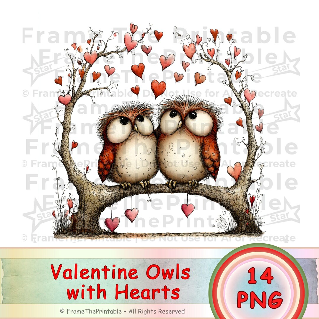 Valentine Owl Clipart: Cute Owls With Hearts on Branch, Whimsical ...