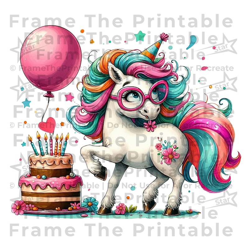 Birthday Unicorn and Pony Floral Clipart With Balloons and Cake PNG ...