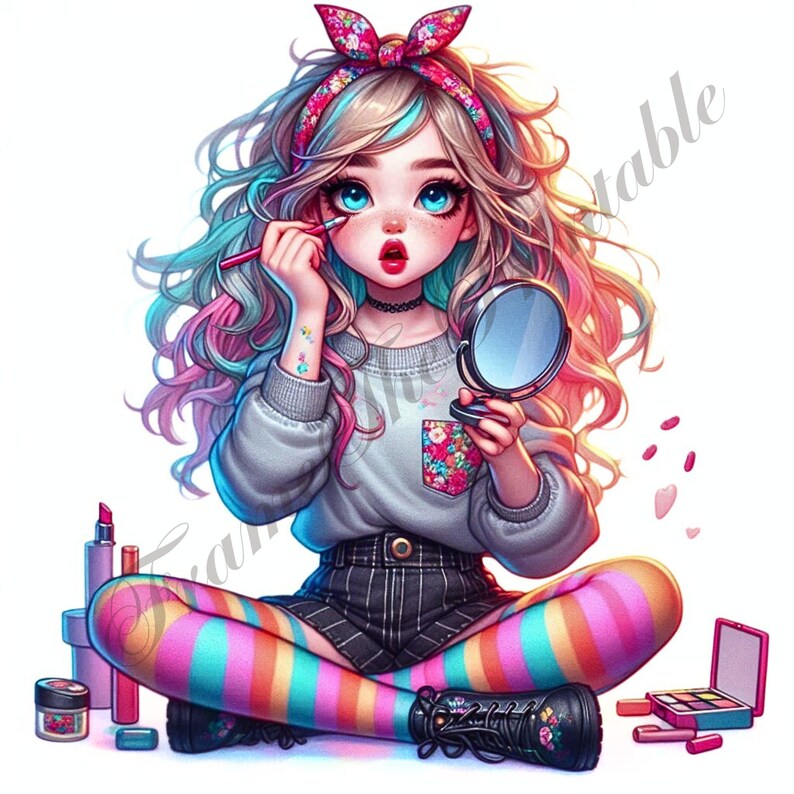 10 Girls Applying Makeup Clip Art, Beauty Fashion Illustration ...