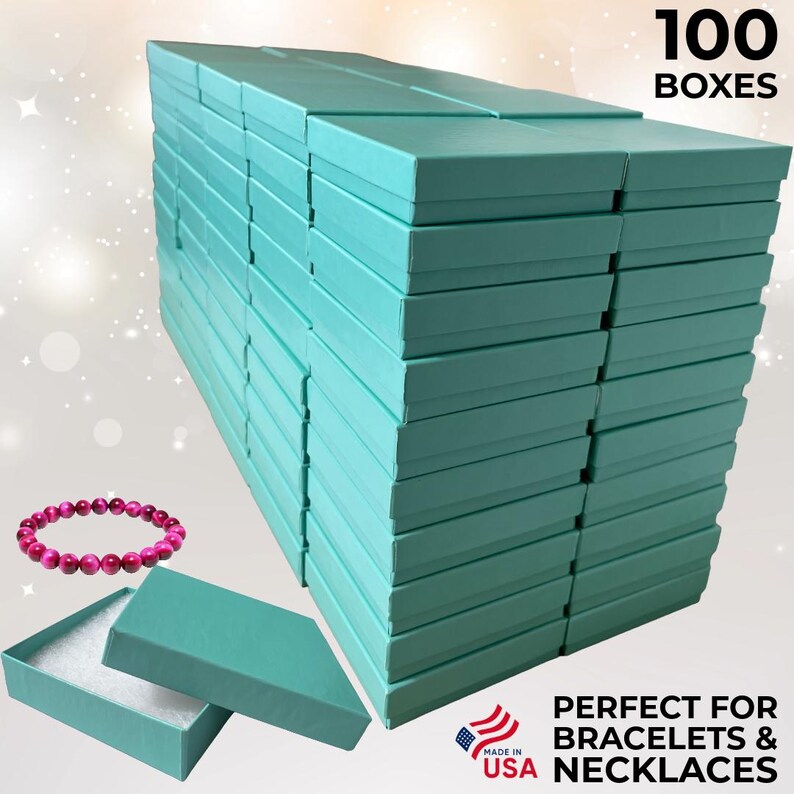 Made in USA - 100 Boxes Aqua Jewelry Boxes With Cotton Filling - 3.5"x3 ...