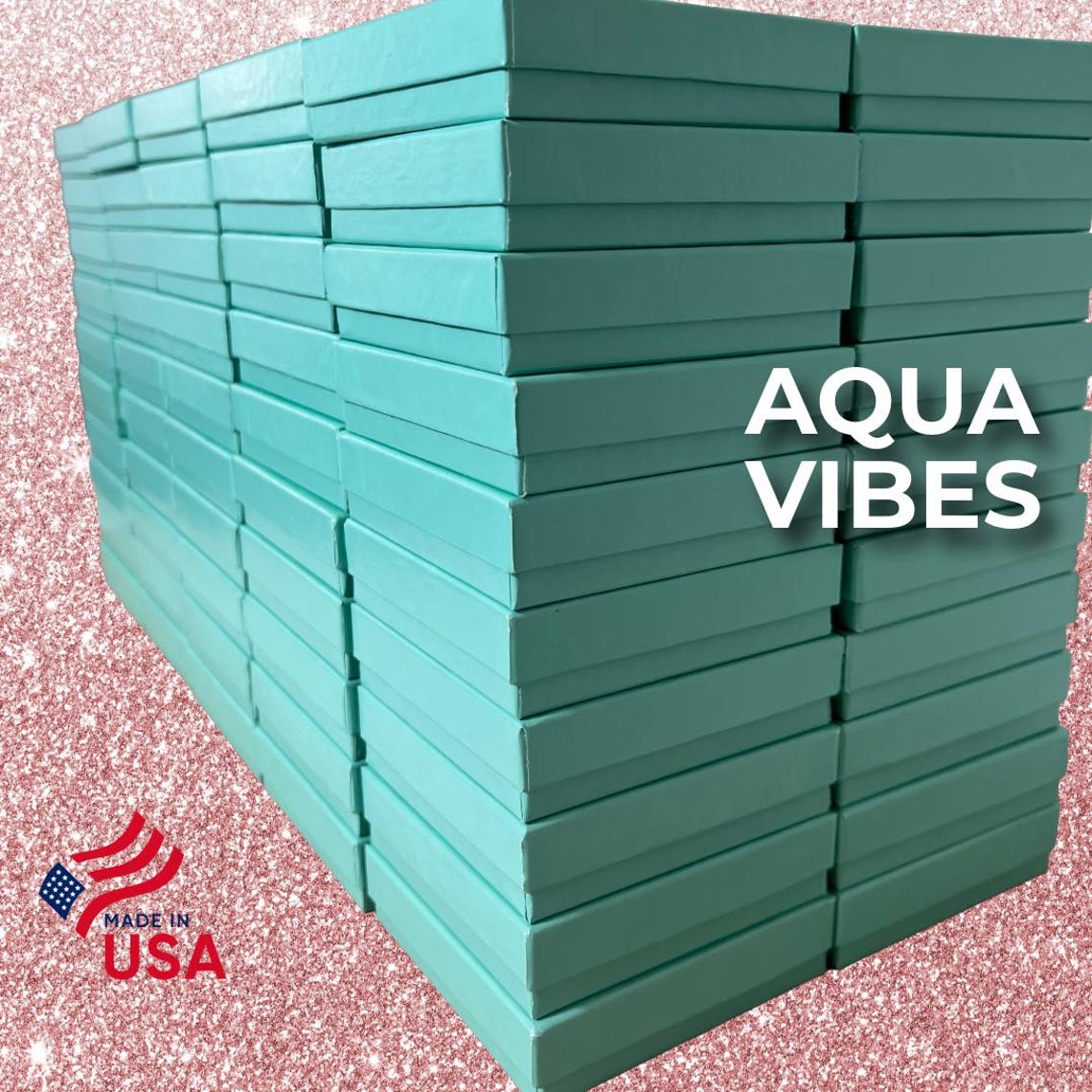 Made in USA - 100 Boxes Aqua Jewelry Boxes With Cotton Filling - 3.5"x3 ...