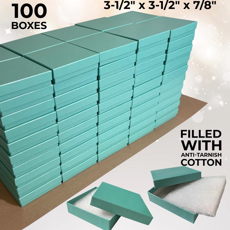 Made in USA - 100 Boxes Aqua Jewelry Boxes With Cotton Filling - 3.5"x3 ...