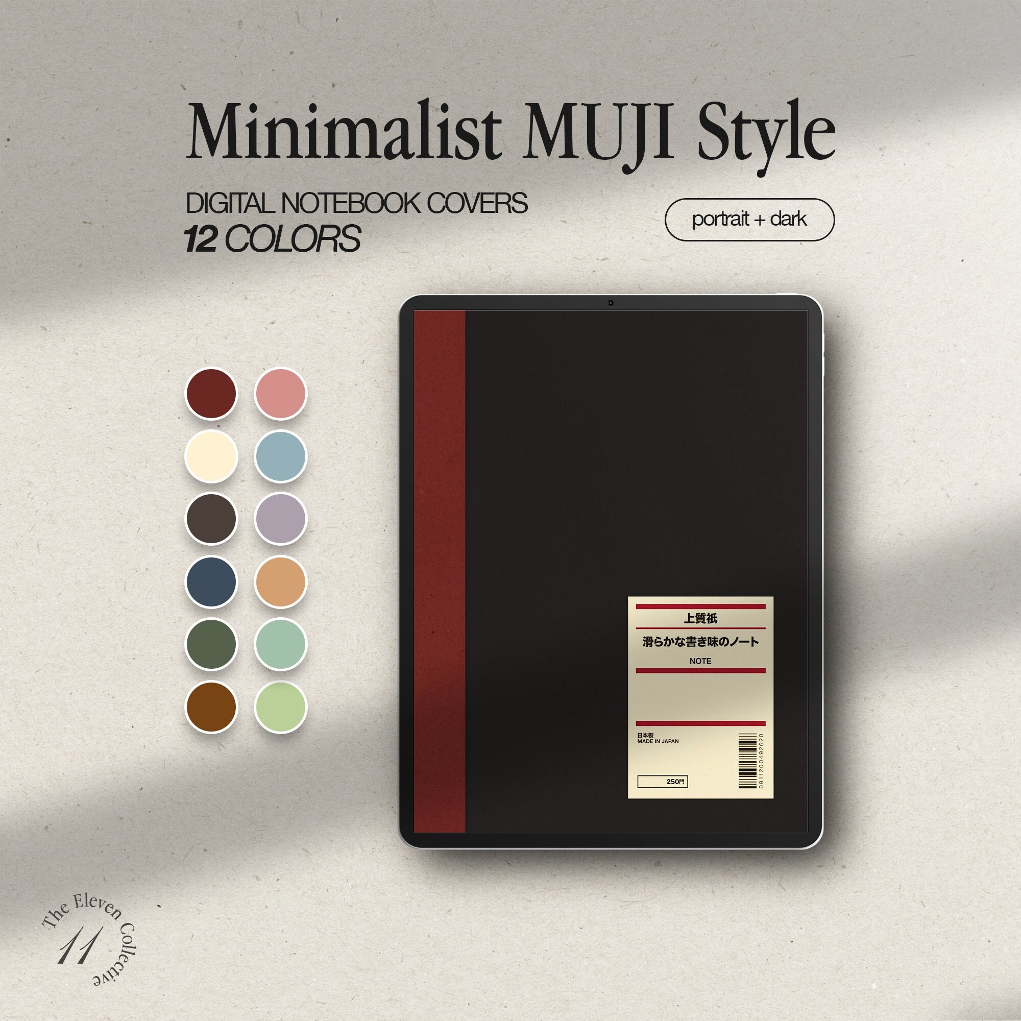 Dark-themed Portrait Minimalist MUJI Style Digital Notebook Covers (12 ...
