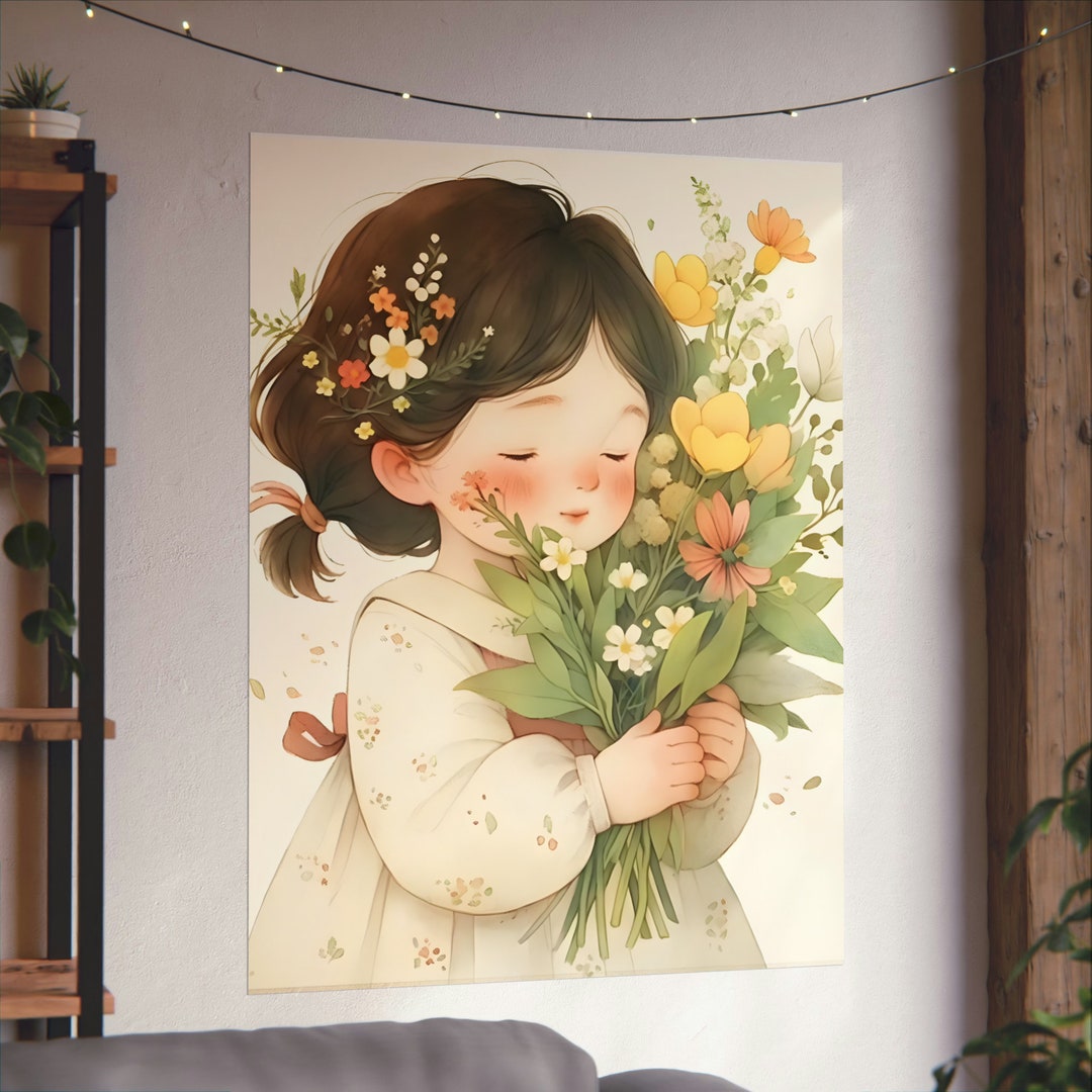 Girl With Flower Poster for Girls Bedroom, Baby Girl Nursery Wall Art ...
