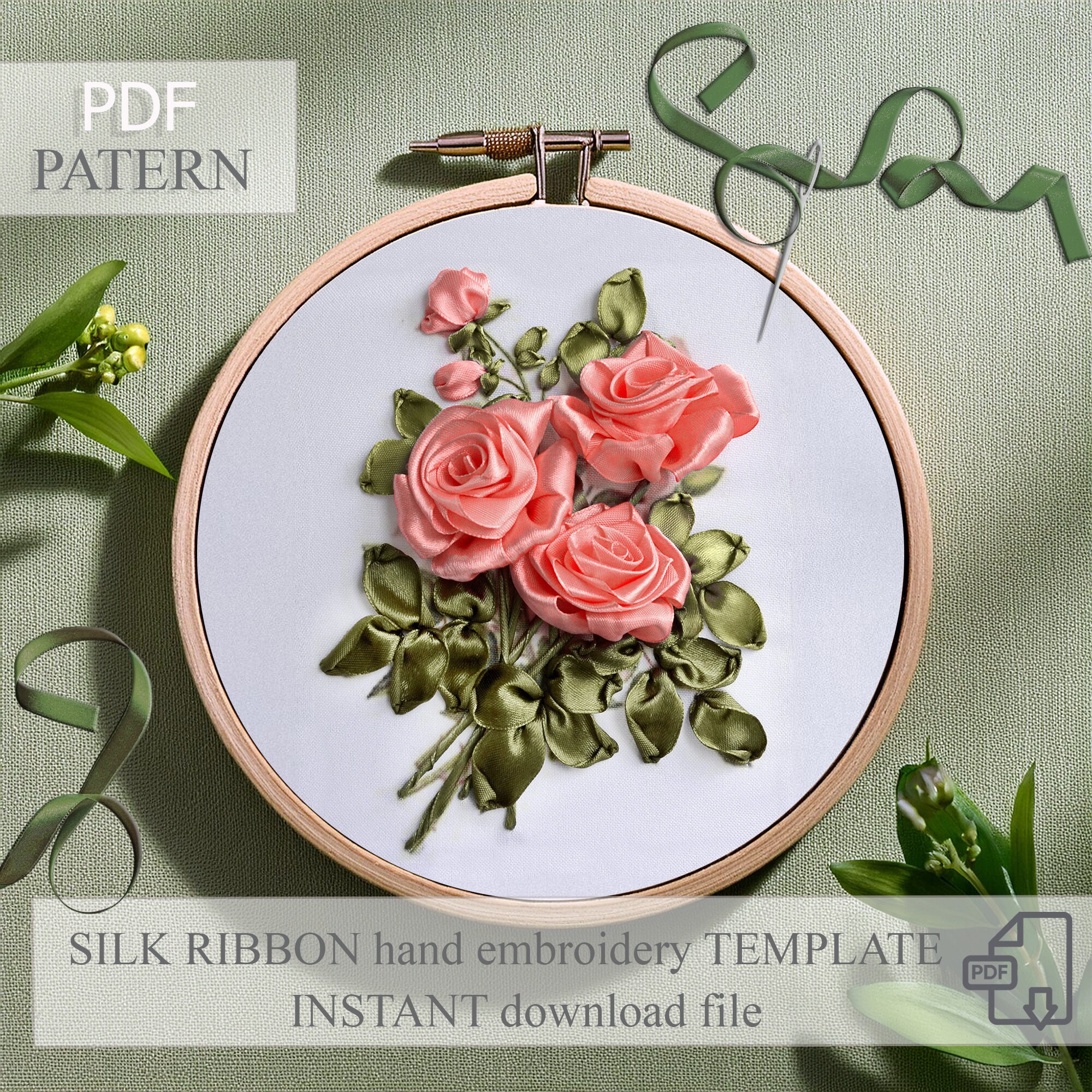 PDF Ribbon Embroidery Pattern Video Instructions Digital Download Tutorial Beginners Ribbon ...