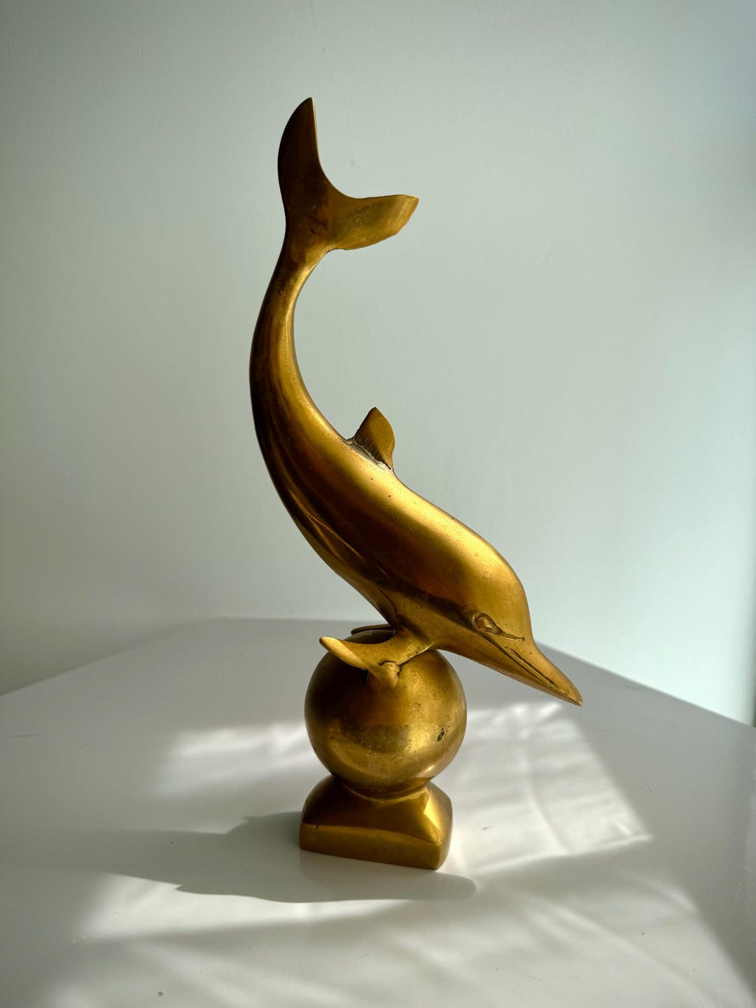 Vintage Solid Brass Dolphin on Ball | 10” Tall | Mid Century Modern ...