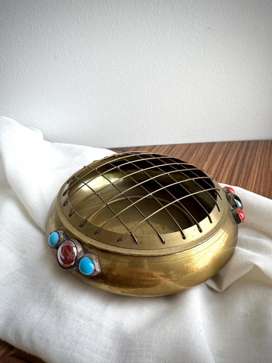 60s Solid Brass Flower Frog With Jewels | 5” Vintage Floral Arranger ...