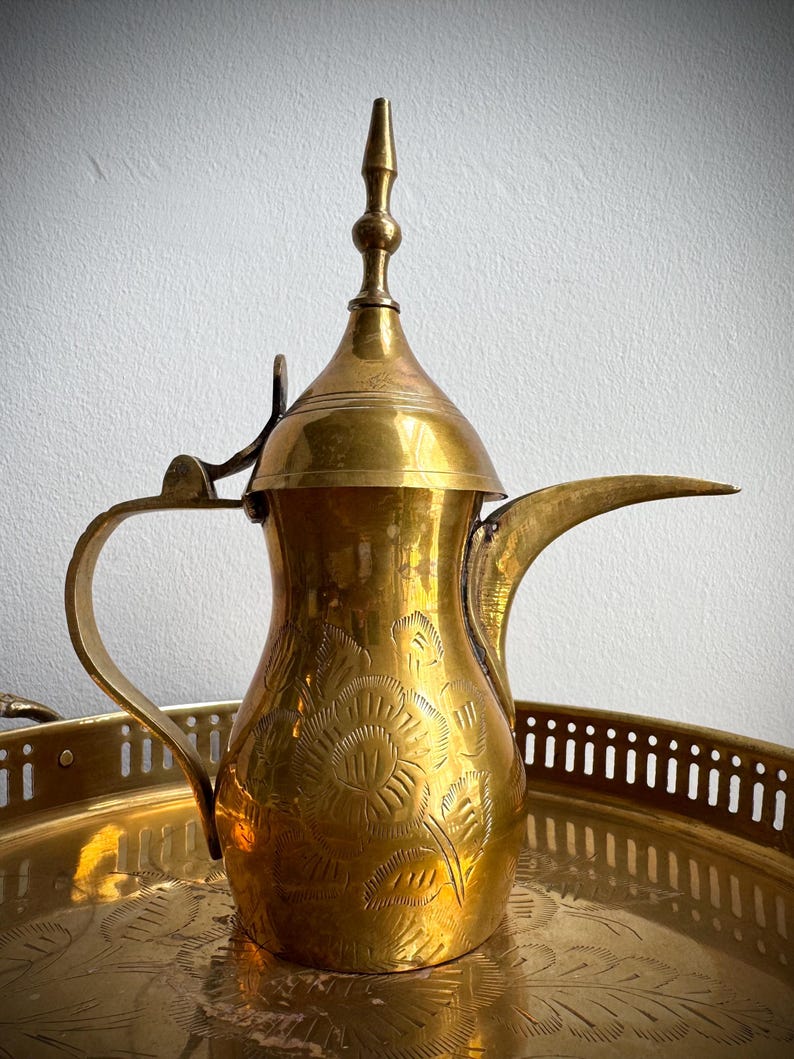 Vintage Brass Coffee Set With Tray – Dallah Pot, 6 Cups & Etched Tray ...