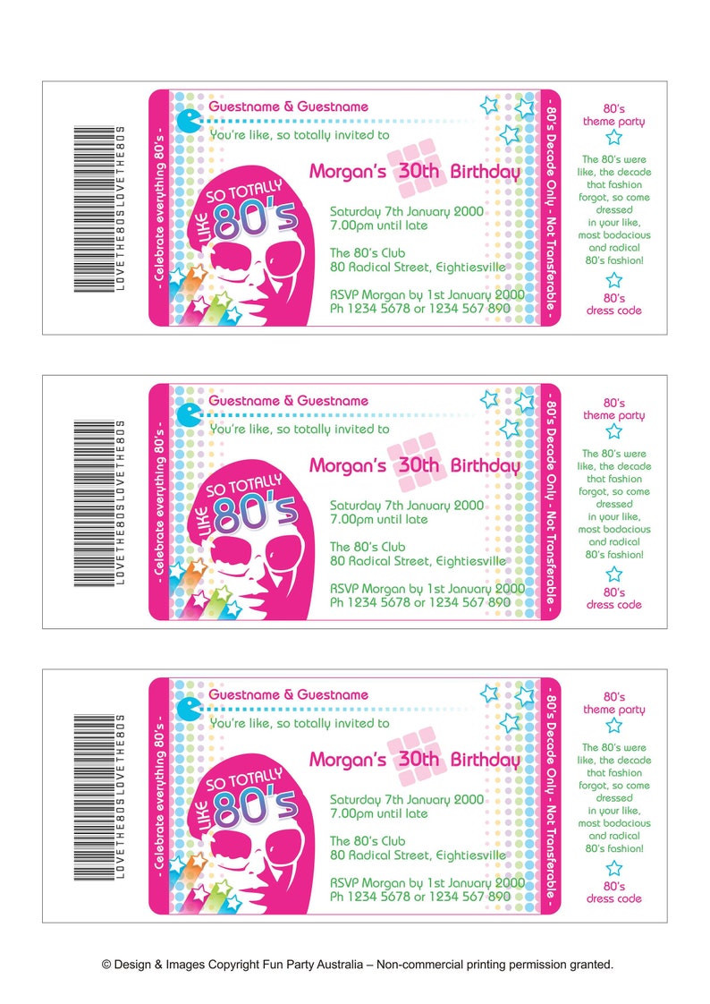 Totally 80s Girl Ticket Digitial Invitation ~ Inludes PDF File PLUS ...