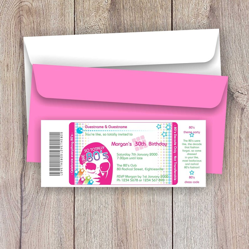 Totally 80s Girl Ticket Digitial Invitation ~ Inludes PDF File PLUS ...