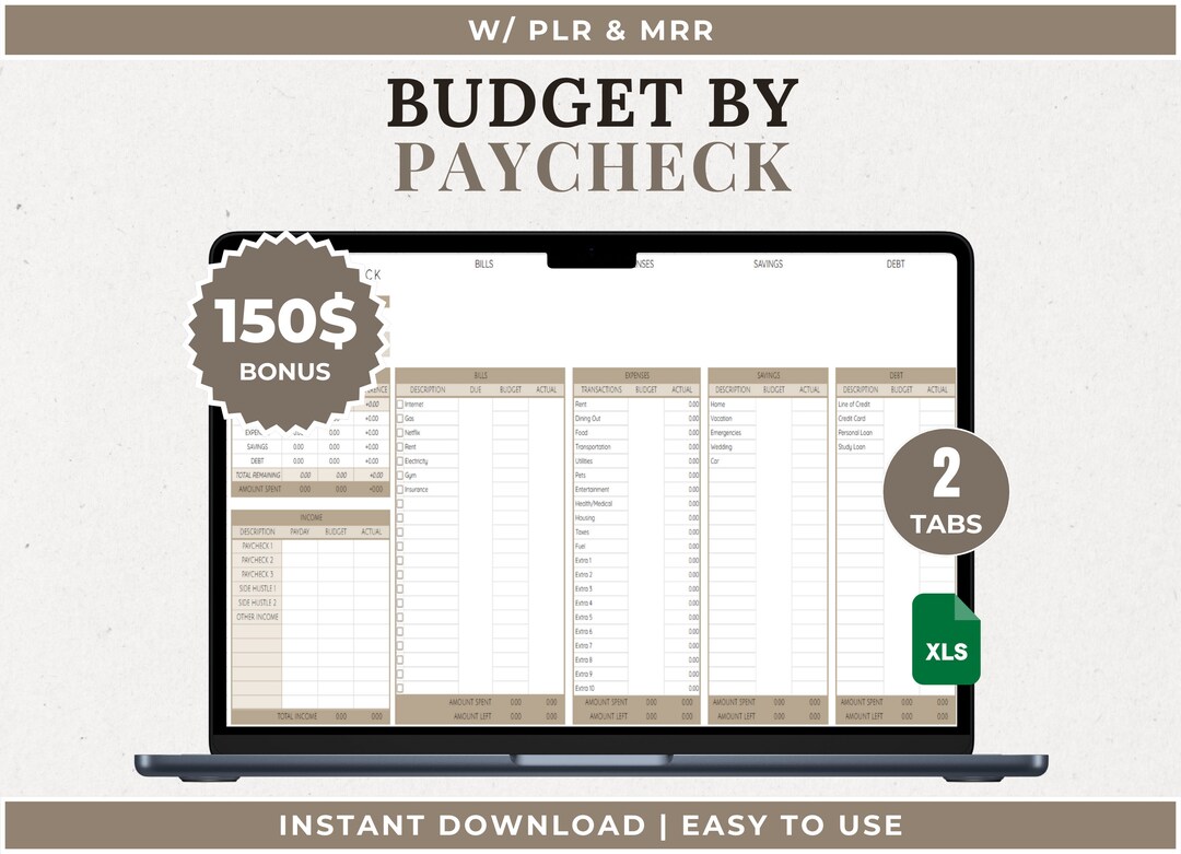 Budget by Paycheck Excel Monthly Budget Tracker Plr Spreadsheet Weekly Paycheck Template Plr ...