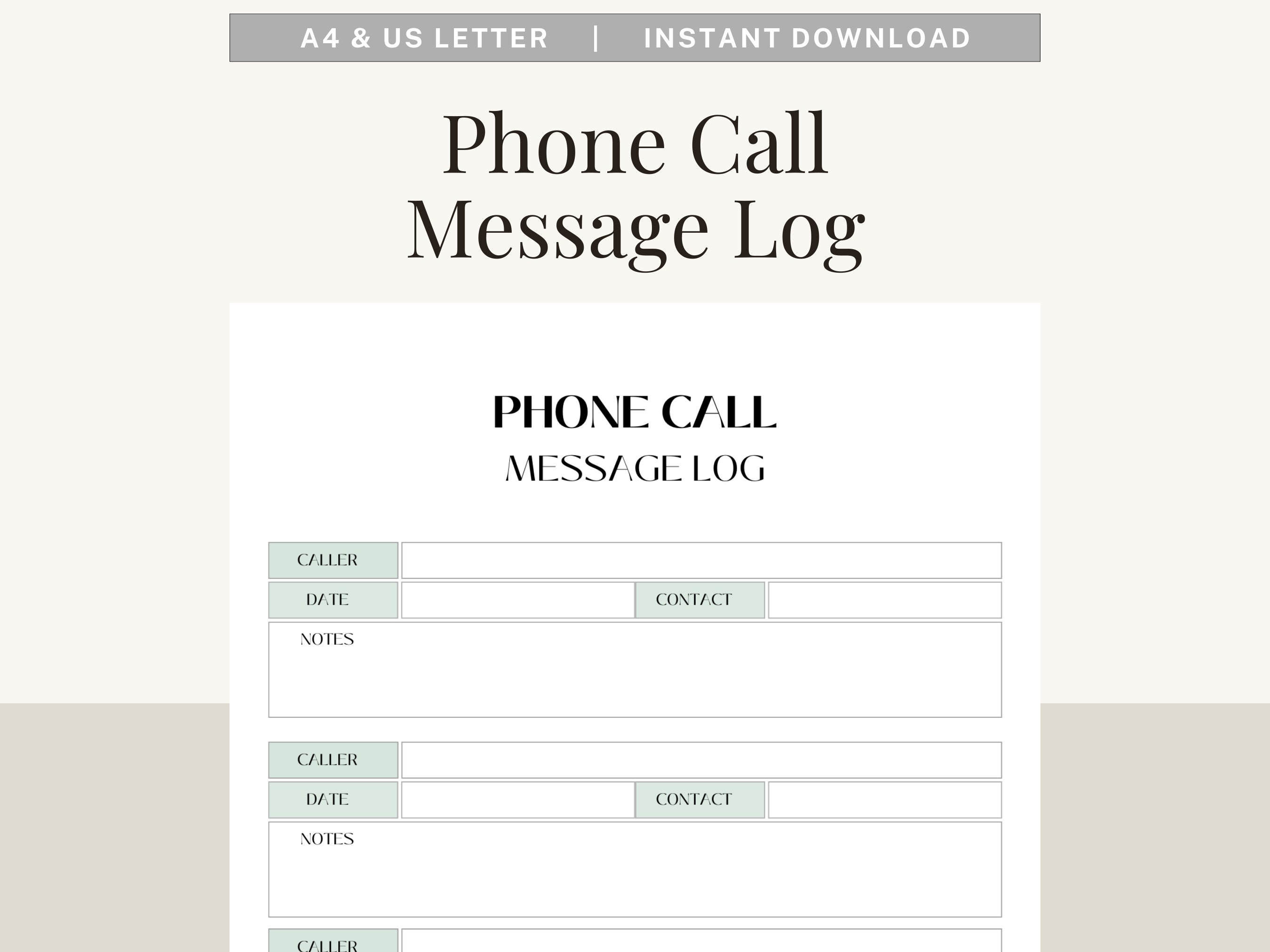 Phone Call Message Log, Fillable Telephone Template, Communication Log ...