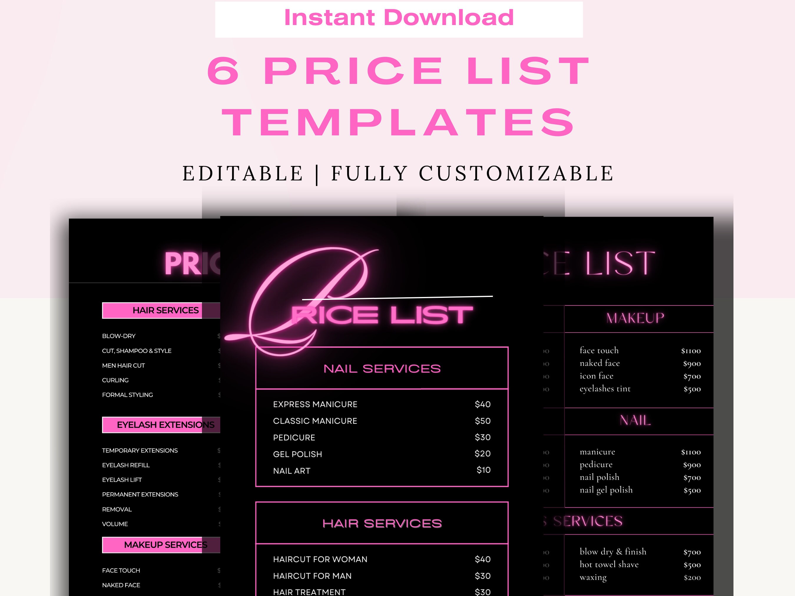 Editable Bundle Beauty Salon Price List Template DIY Pink Design for ...