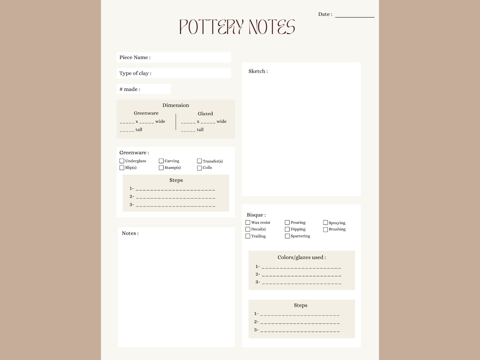 Ceramic Notes Bundle, Pottery Journal, Printable Ceramic Journal ...