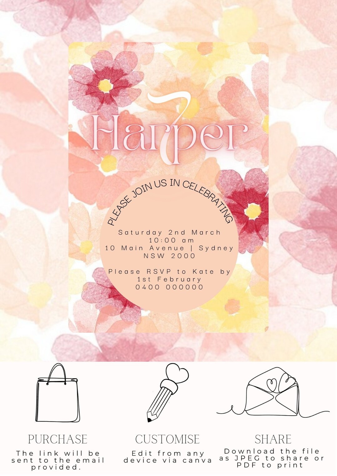 Children's Flower Birthday Invitation Flower Girl Party Customisable ...