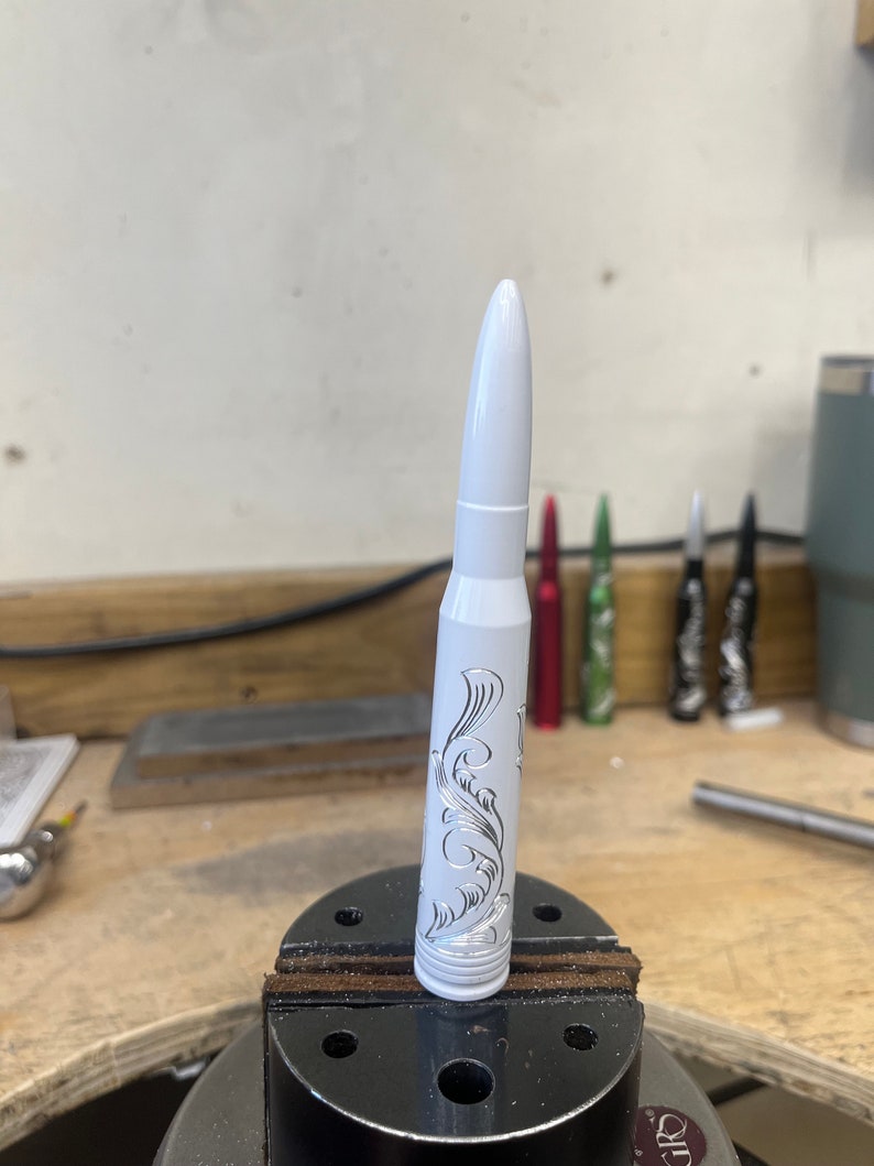 White Hand Engraved Bullet Antenna With Silver Engraving - Etsy