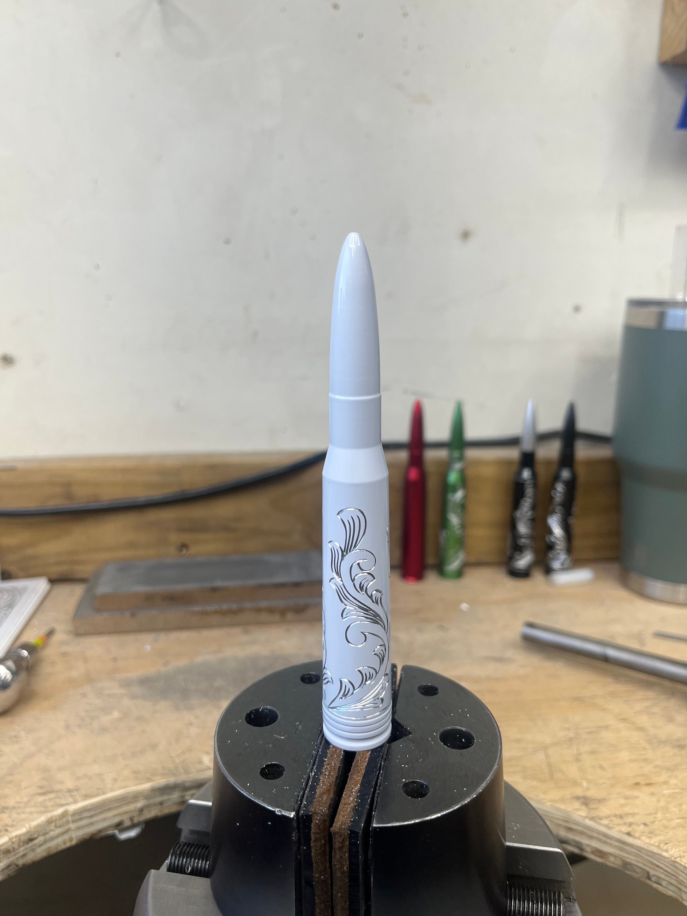 White Hand Engraved Bullet Antenna With Silver Engraving - Etsy