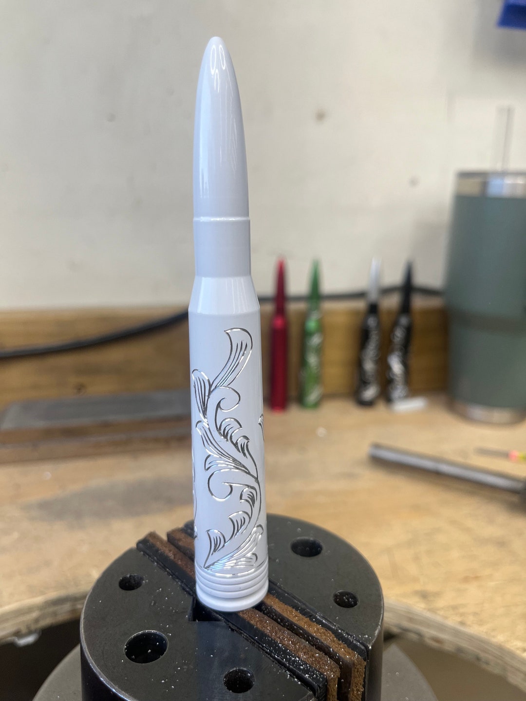 White Hand Engraved Bullet Antenna With Silver Engraving - Etsy