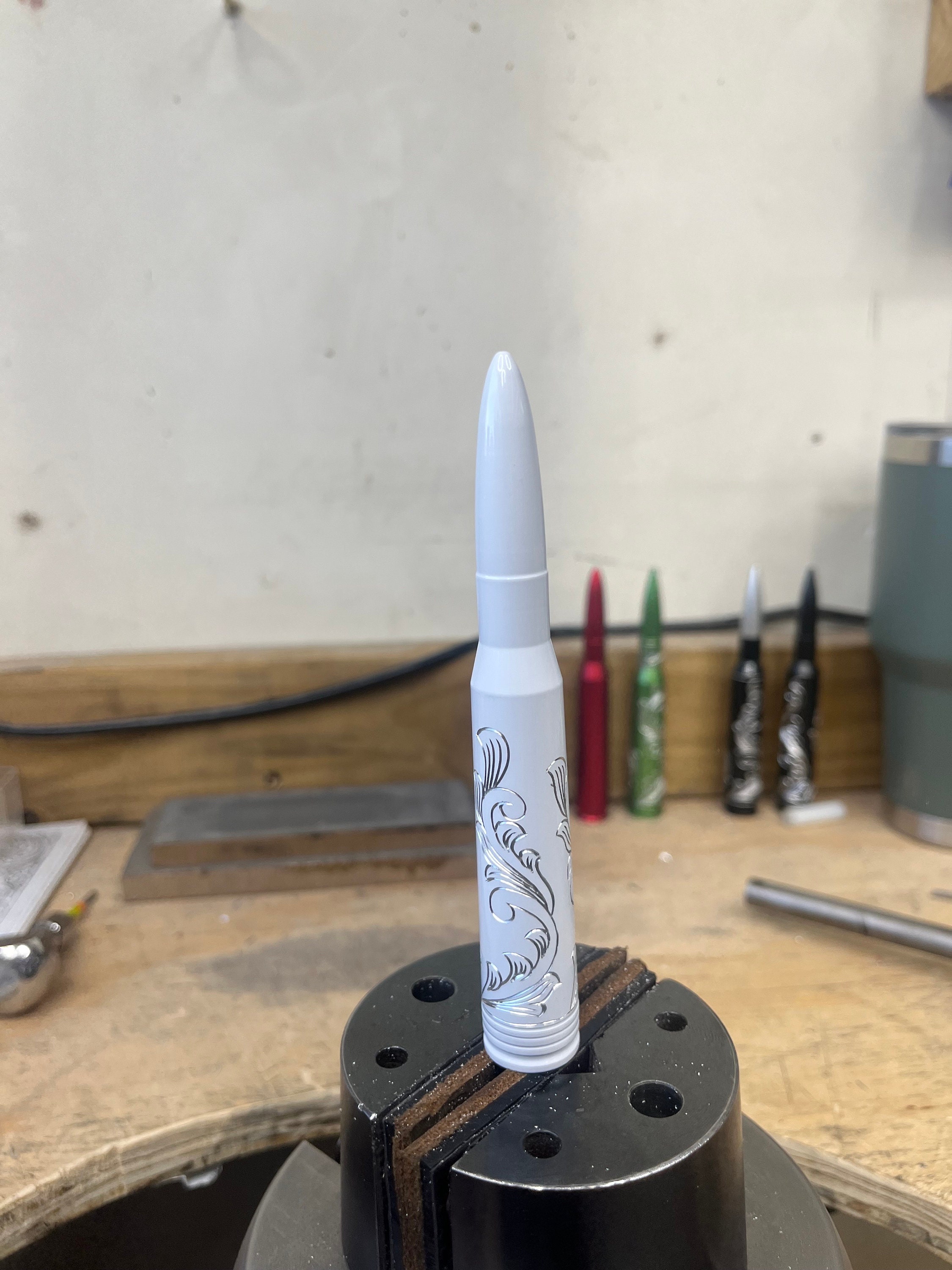 White Hand Engraved Bullet Antenna With Silver Engraving - Etsy