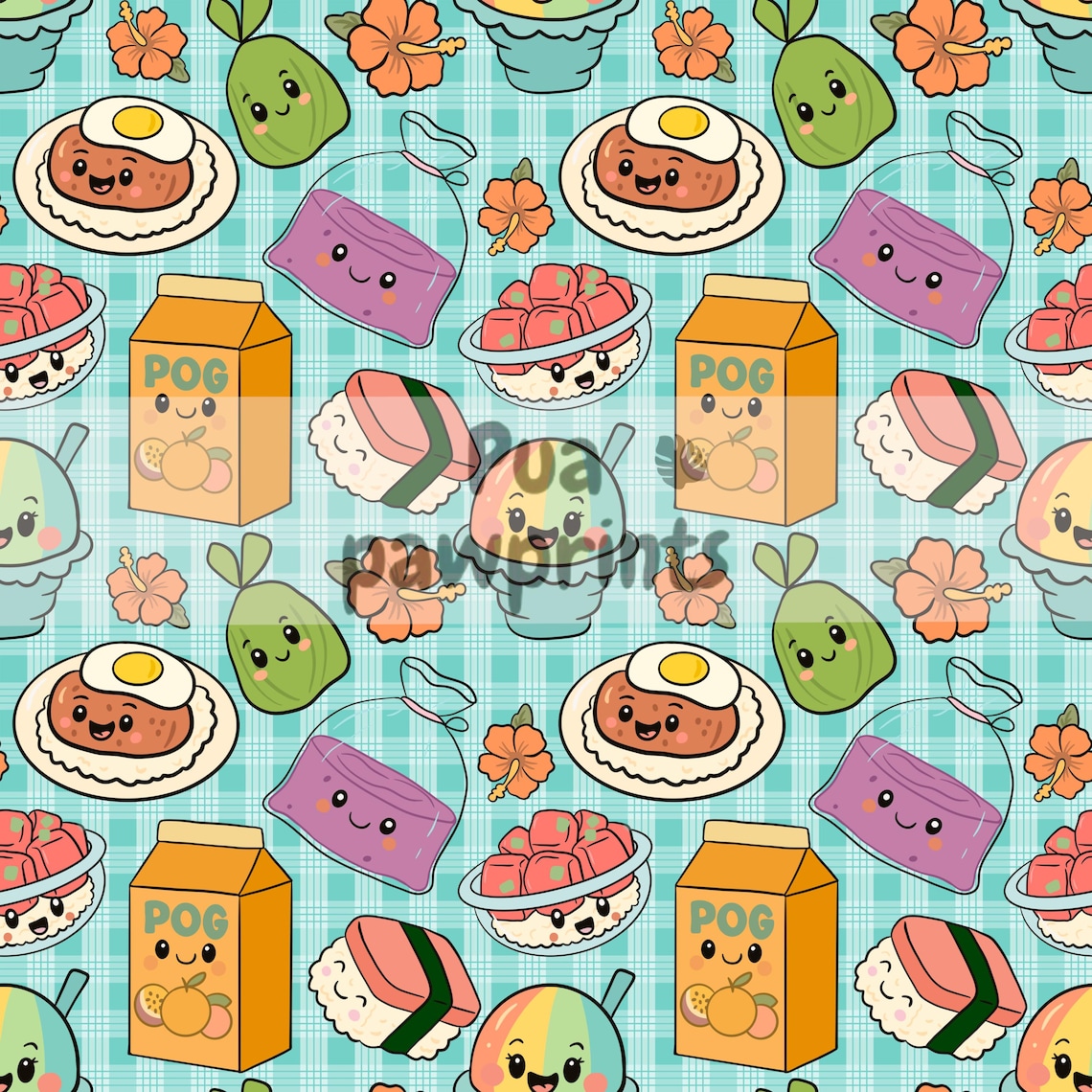 Kawaii Hawaiian Seamless Pattern – Cute Spam Musubi, Shave Ice, POG ...