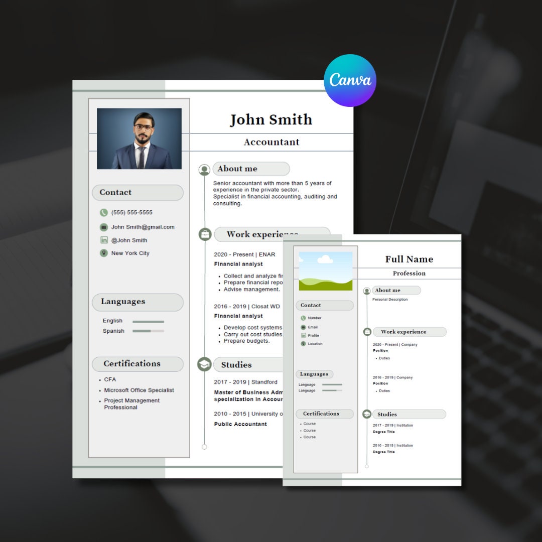 Professional Green CV Template - Editable Canva Design | Digital ...