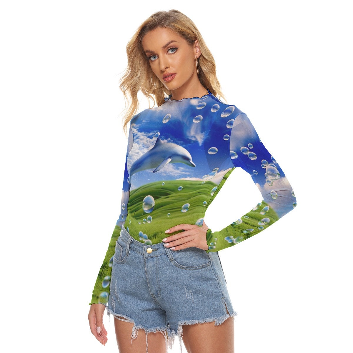 Frutiger Aero Mesh Top | Long Sleeve Sheer Y2k Ironic Dolphin Meadow ...
