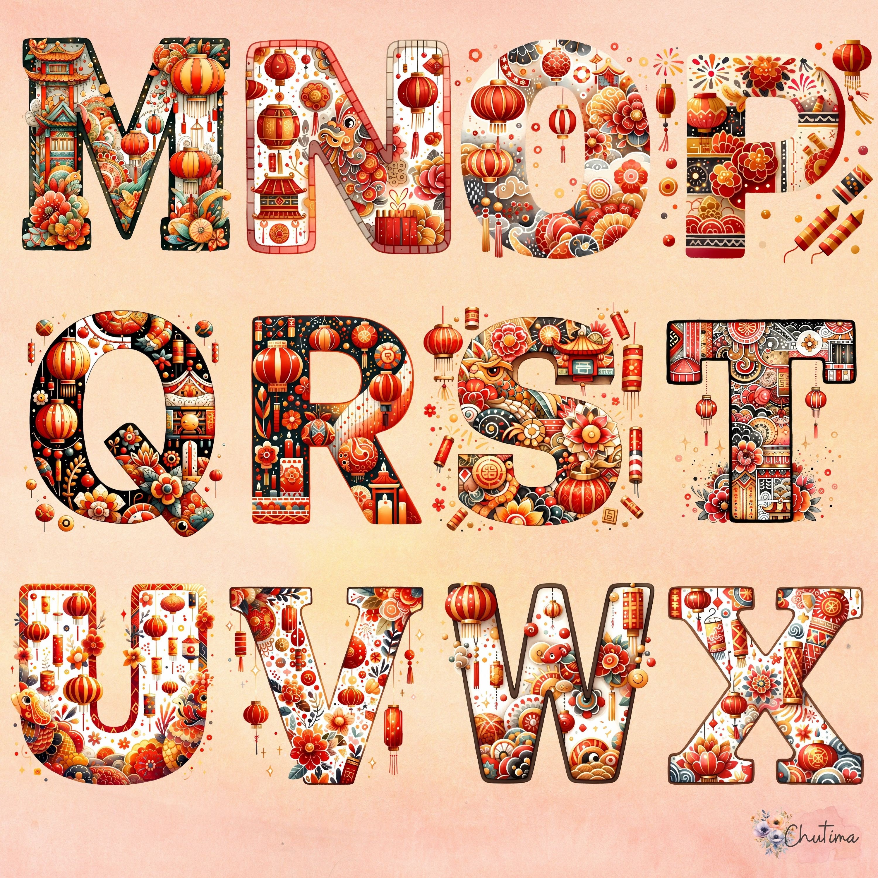 Chinese New Year Alphabet + Numbers With Clip Art PNG Files, Watercolor ...