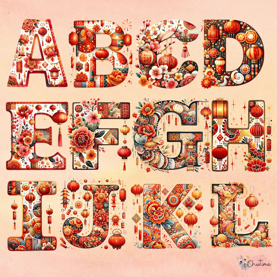 Chinese New Year Alphabet + Numbers With Clip Art PNG Files, Watercolor ...