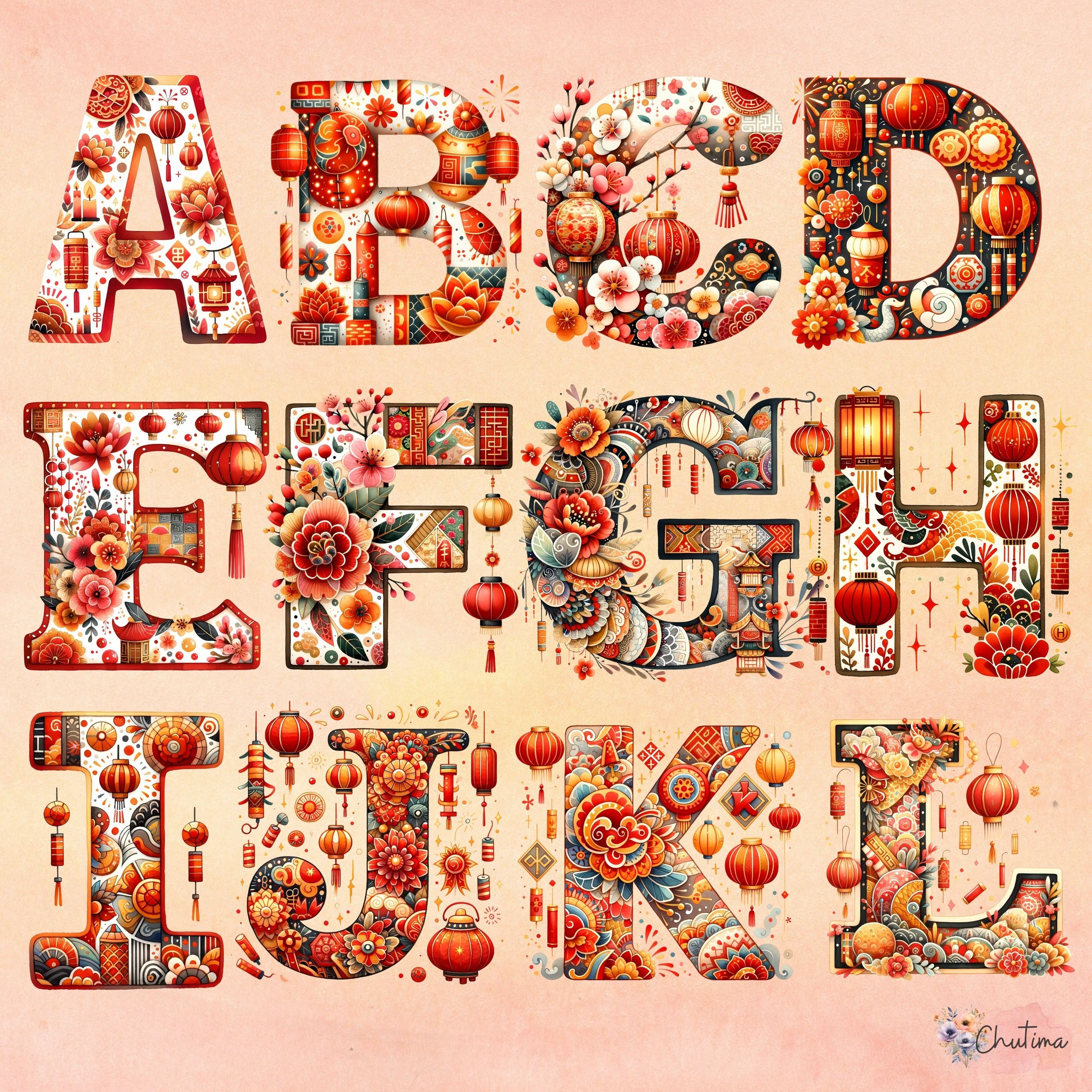 Chinese New Year Alphabet + Numbers With Clip Art PNG Files, Watercolor ...