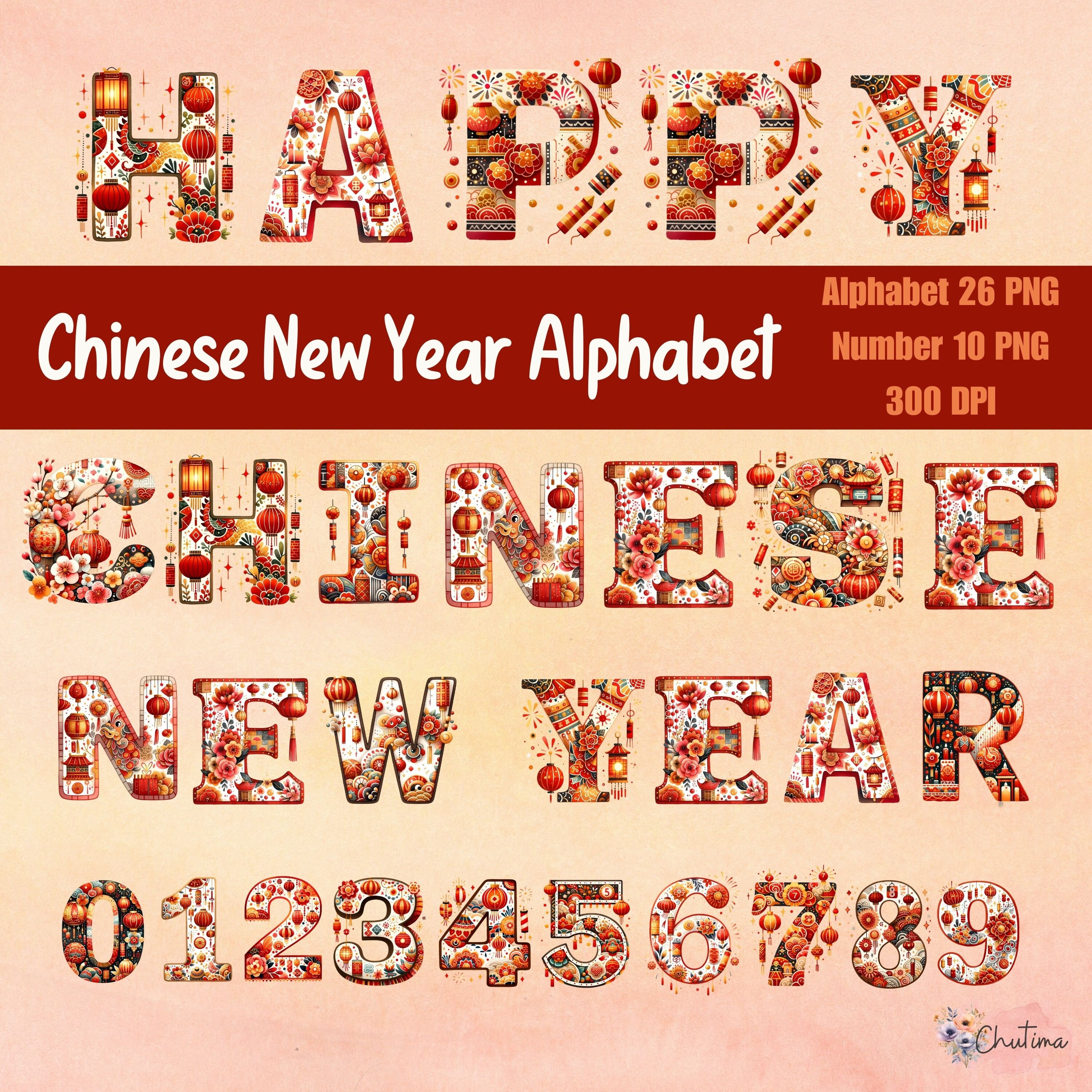 Chinese New Year Alphabet + Numbers With Clip Art PNG Files, Watercolor ...