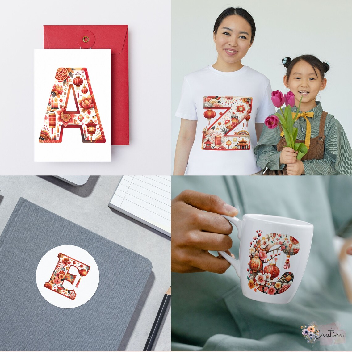 Chinese New Year Alphabet + Numbers With Clip Art PNG Files, Watercolor ...