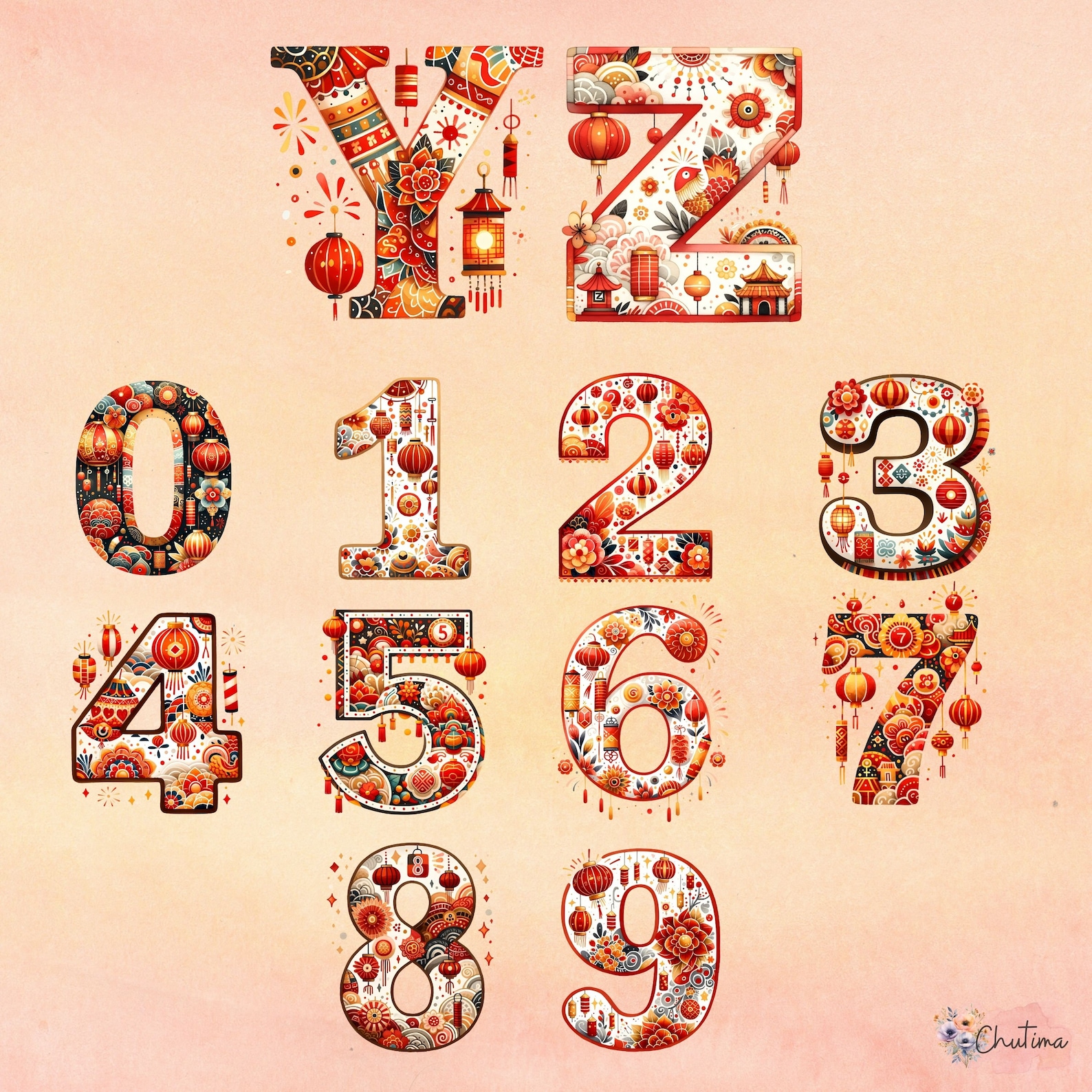 Chinese New Year Alphabet + Numbers With Clip Art PNG Files, Watercolor ...