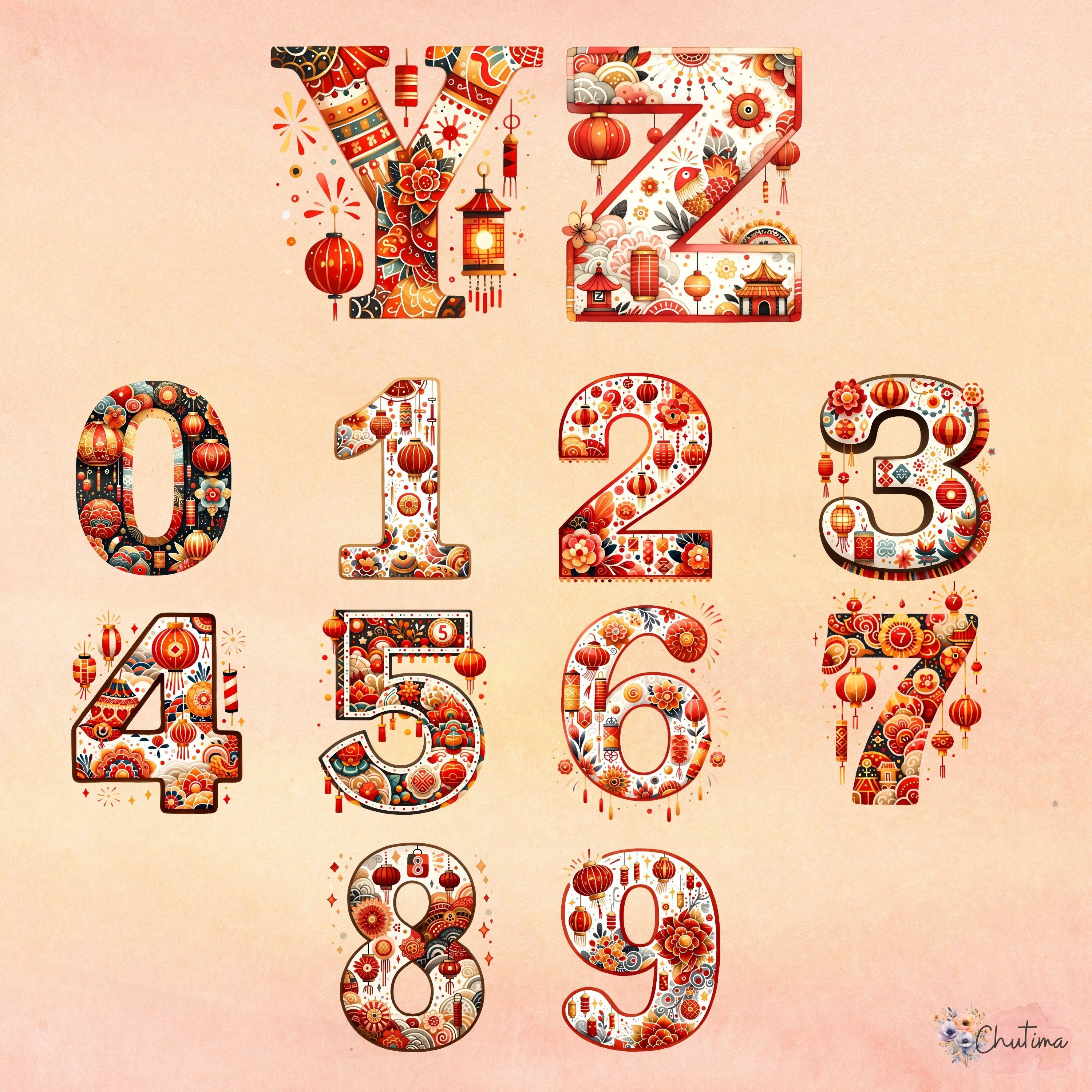 Chinese New Year Alphabet + Numbers With Clip Art PNG Files, Watercolor ...