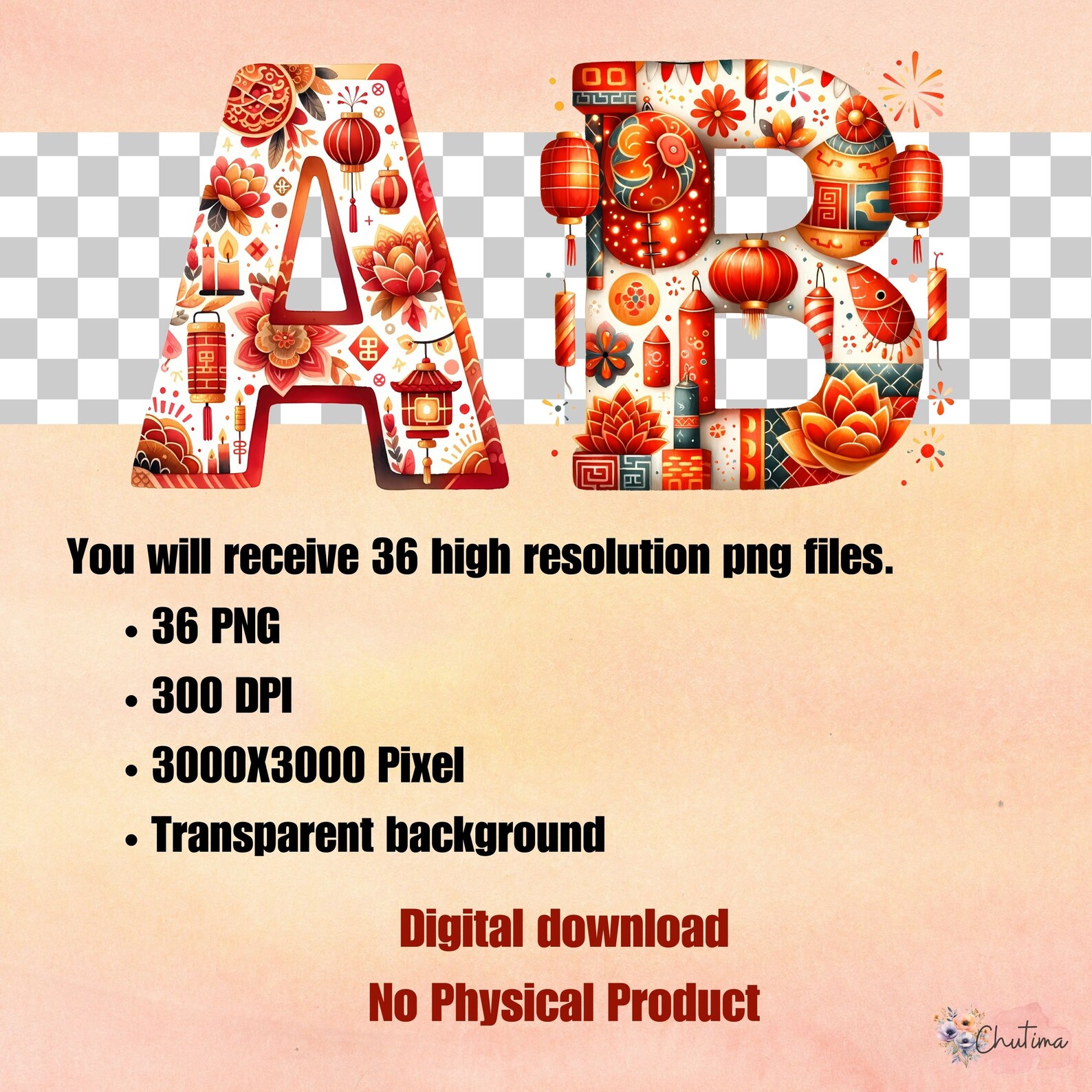 Chinese New Year Alphabet + Numbers With Clip Art PNG Files, Watercolor ...