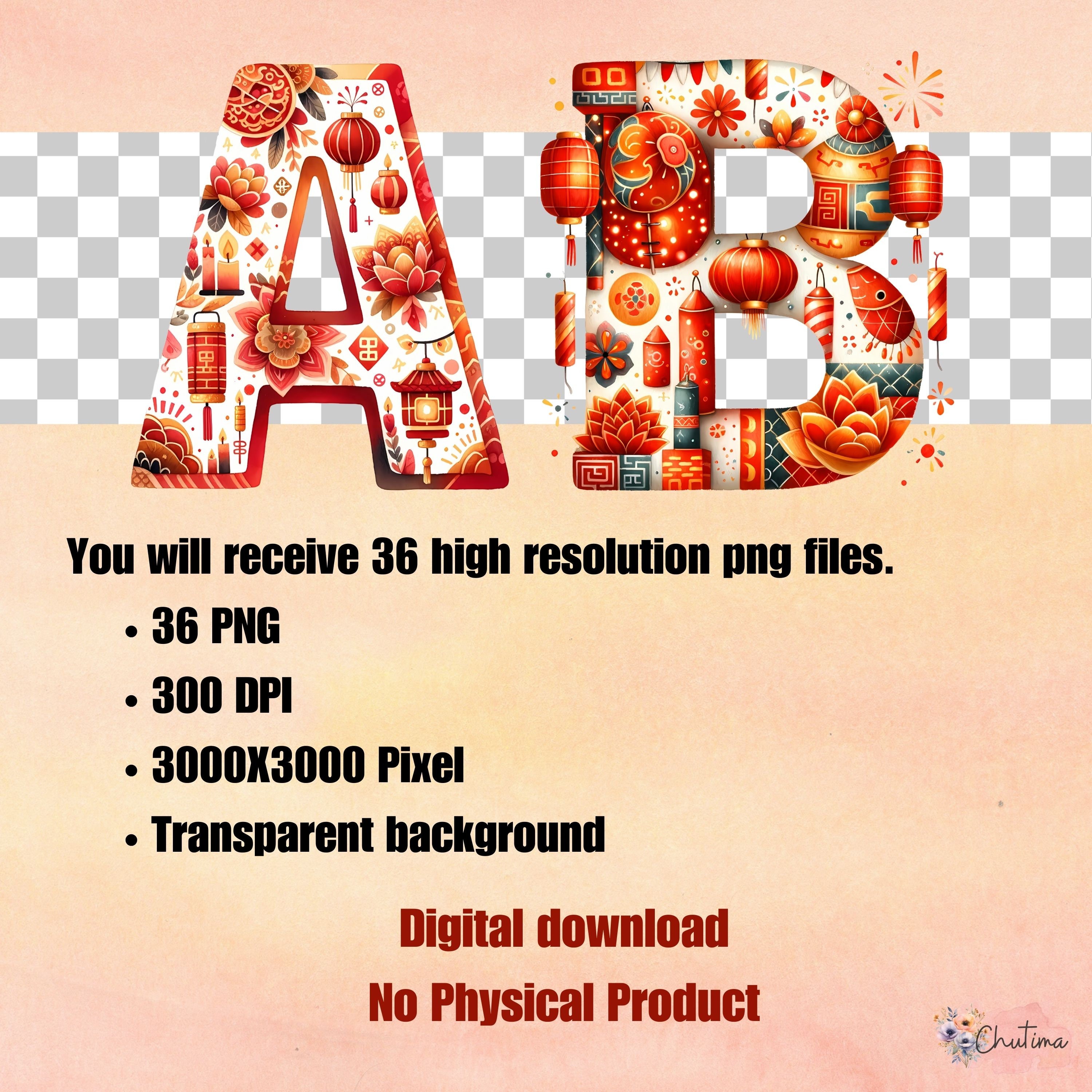 Chinese New Year Alphabet + Numbers With Clip Art PNG Files, Watercolor ...