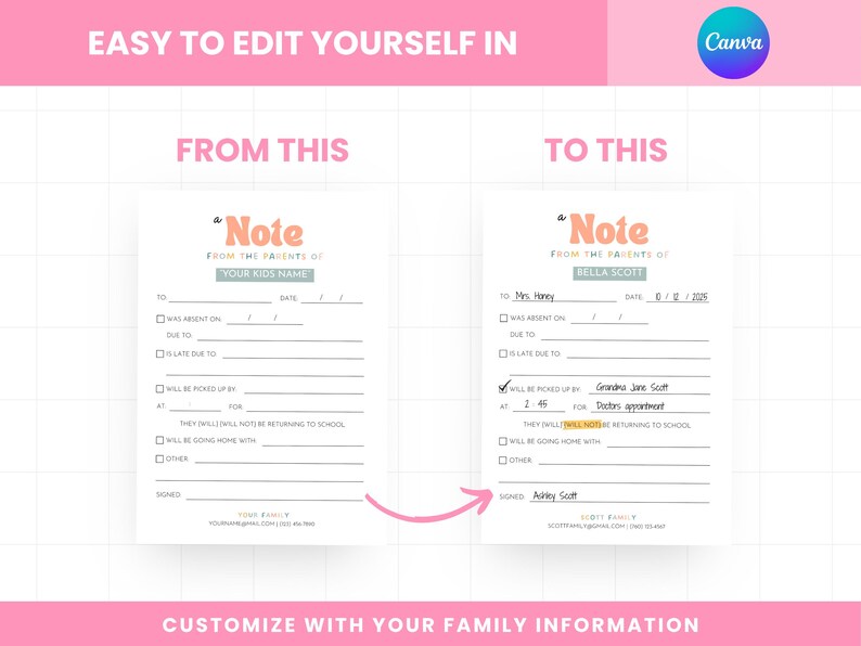 Printable School Note Template - Editable Absence, Tardy, Pickup Note ...