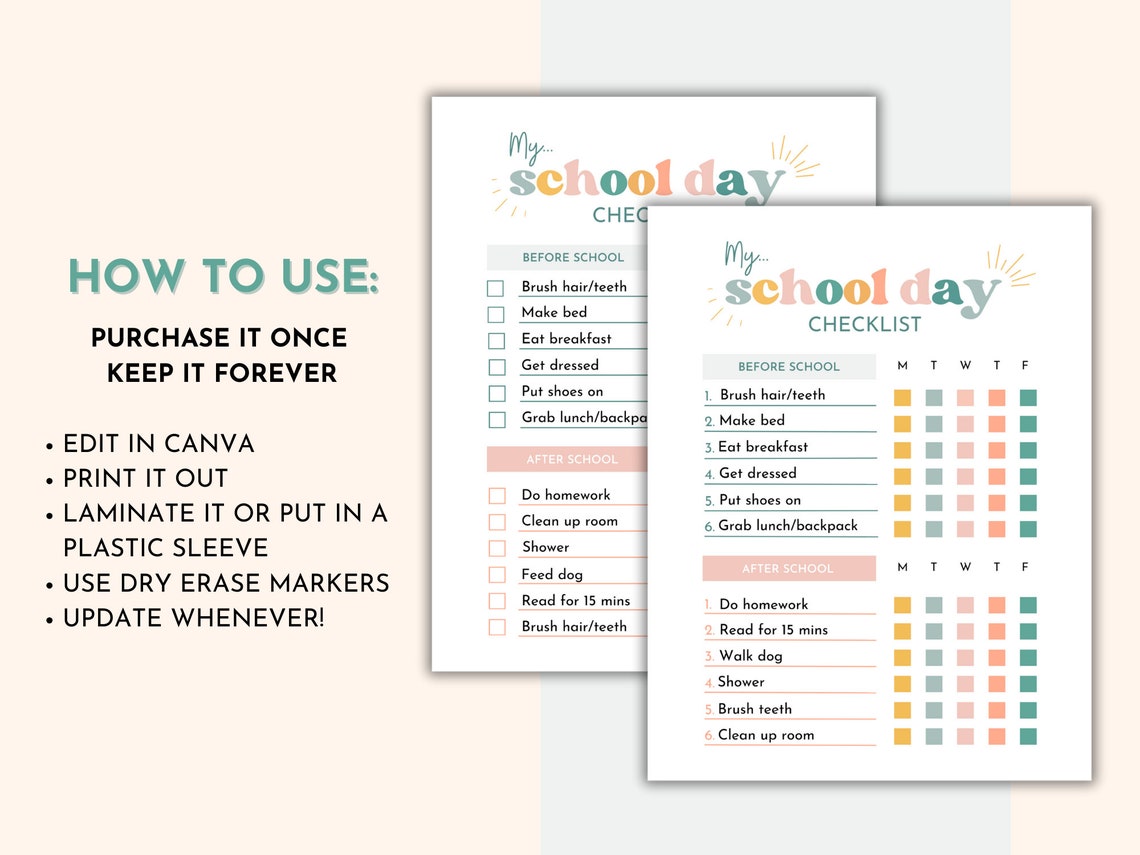 Kids Daily School Routine Checklist Chore Chart Printable To-do List - Etsy